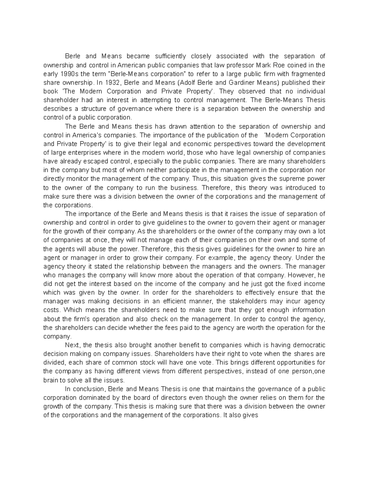 Berle and Means Thesis: The Separation of Ownership and Control - Studocu