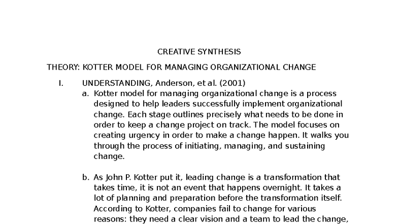 KOTTER MODEL FOR MANAGING ORGANIZATIONAL CHANGE: A SYNTHESIS - Studocu