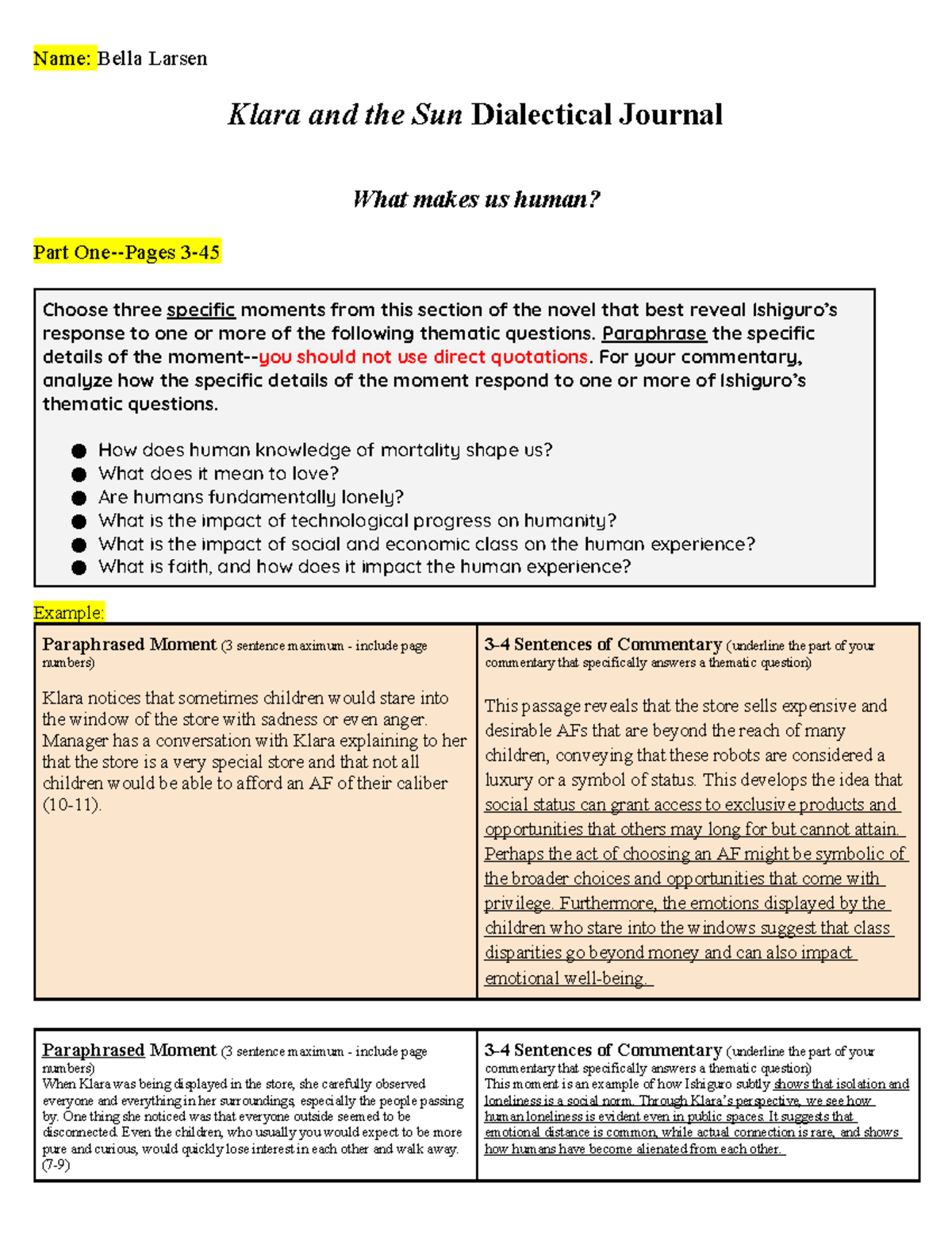 Klara and the Sun (Course Code: Dialectical Journal) - Exploring ...