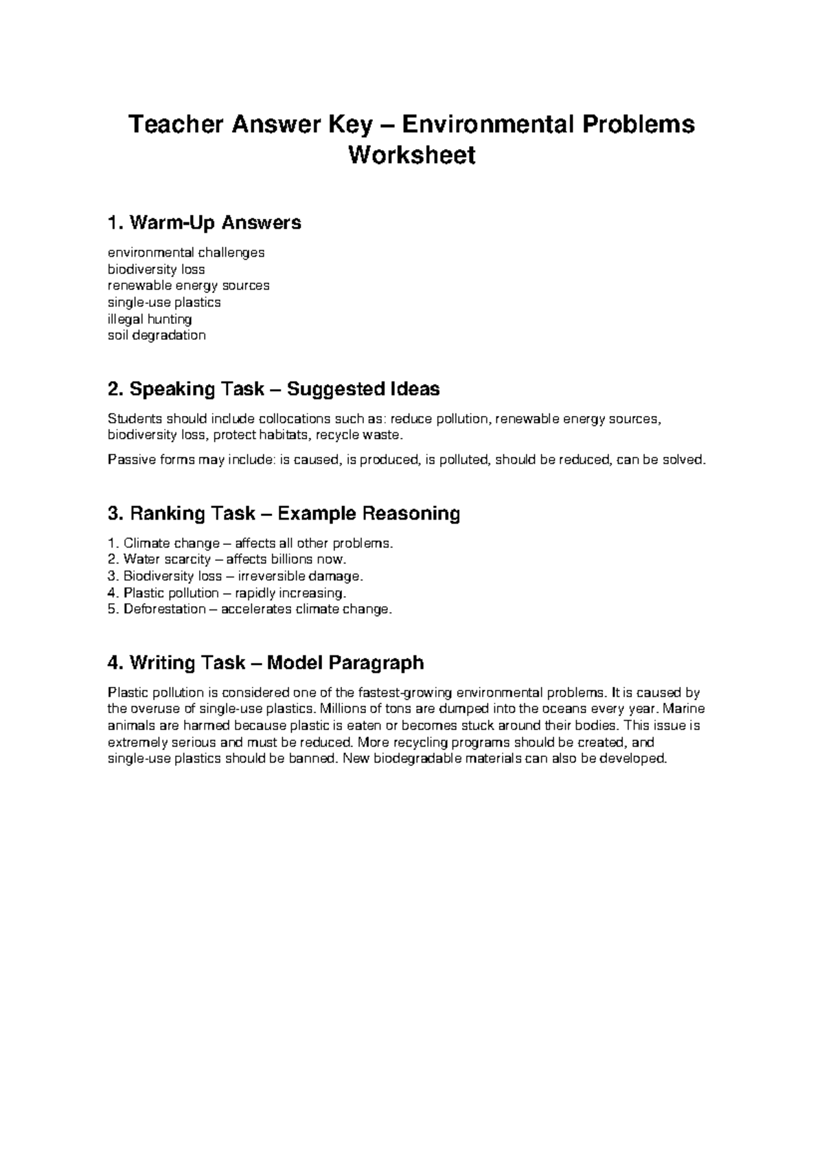 Teacher Answer Key: Environmental Problems Worksheet 1 - Studocu