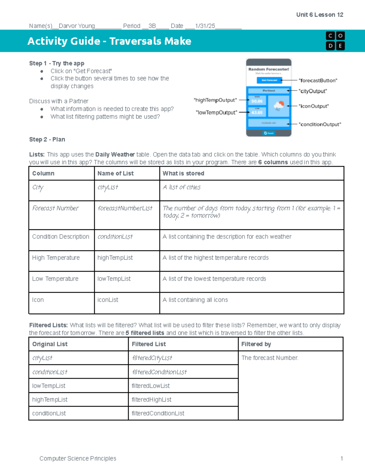 Copy of Activity Guide - Traversals Make - Unit 6 Lesson 12 - Name(s ...