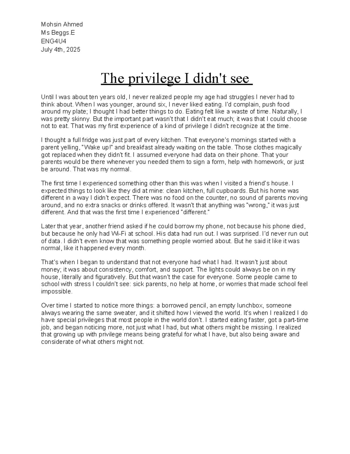 ENG4U4 - Personal Essay on Privilege and Awareness - Studocu