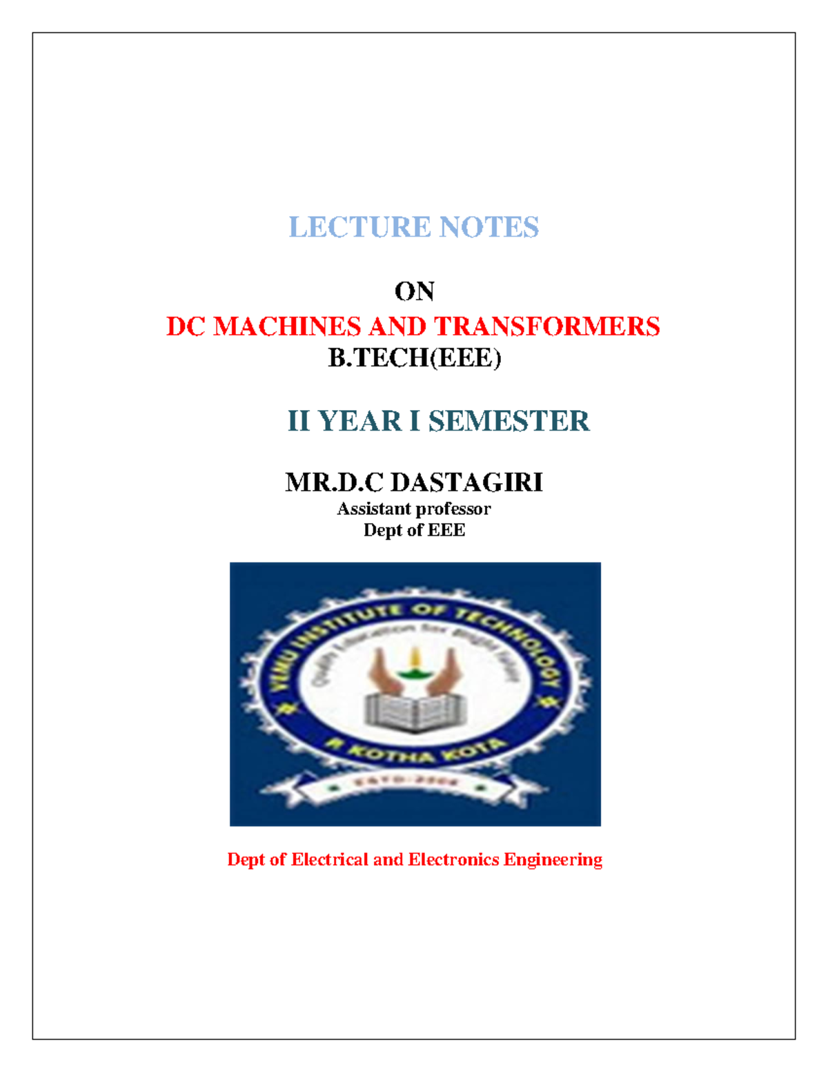 LECTURE NOTES ON DC MACHINES & TRANSFORMERS (19A02303T) - Studocu