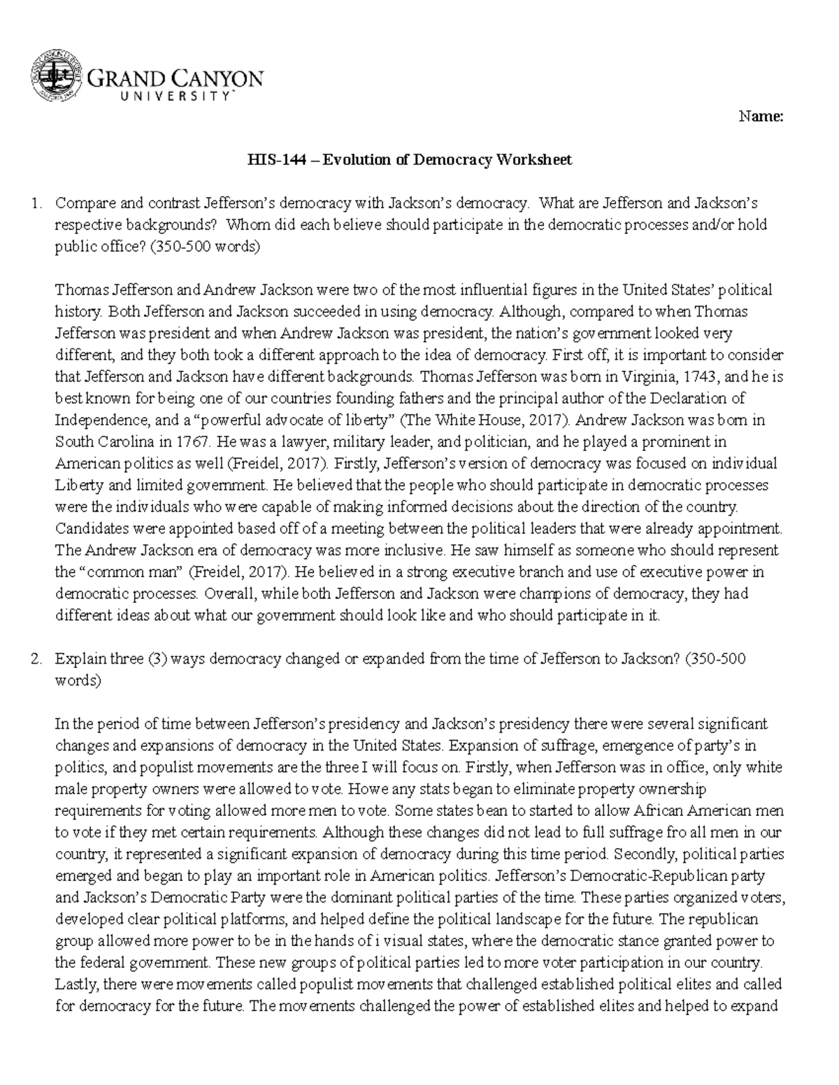 T3 Evolution of Democracy Worksheet - Name: HIS-144 – Evolution of ...