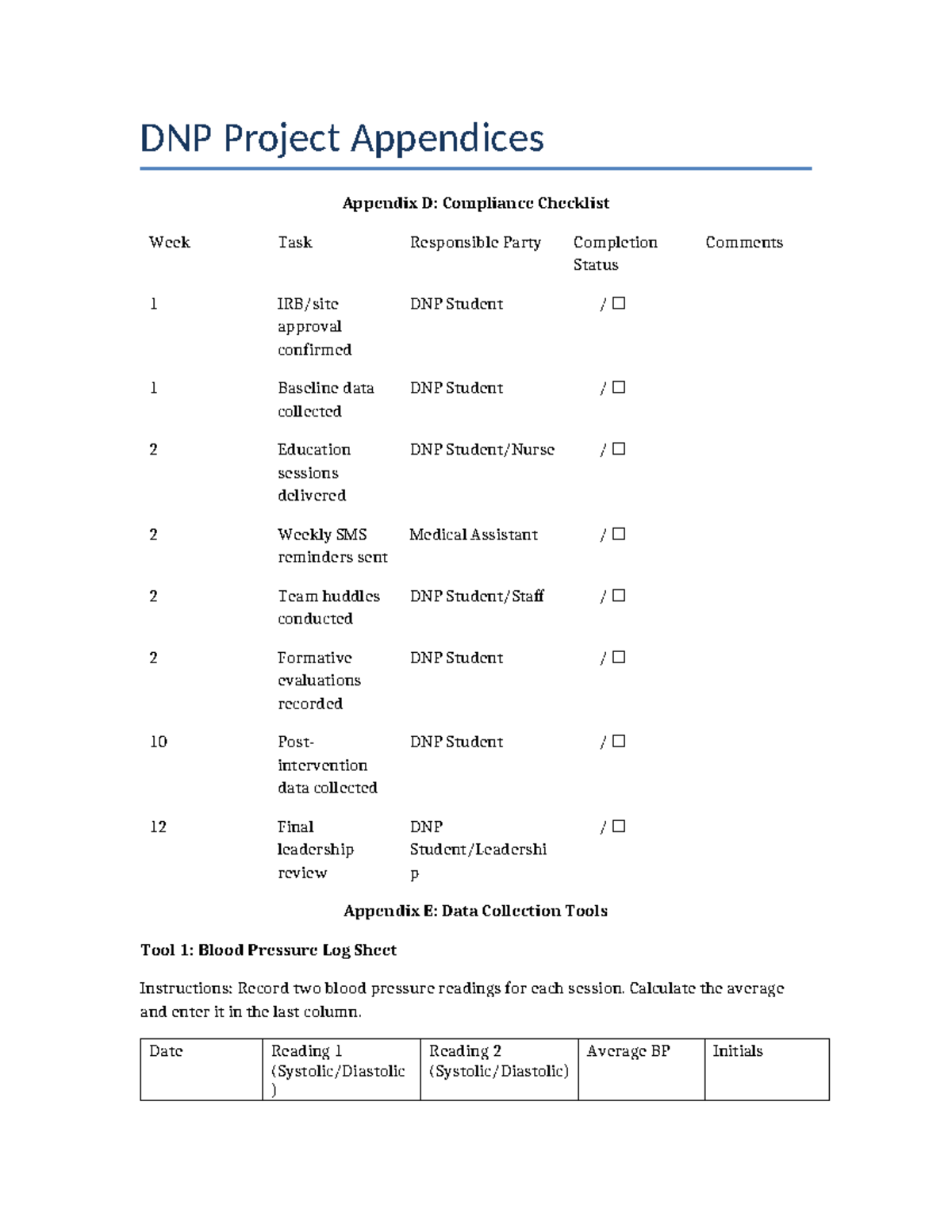 DNP Project Appendices: Compliance Checklist & Data Collection Tools ...
