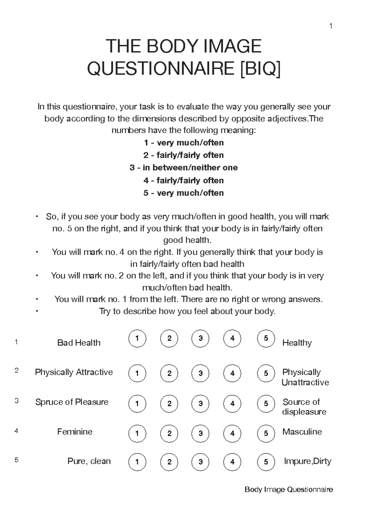 Body Image Questionnaire (BIQ) - Sample Report and Norms - Studocu