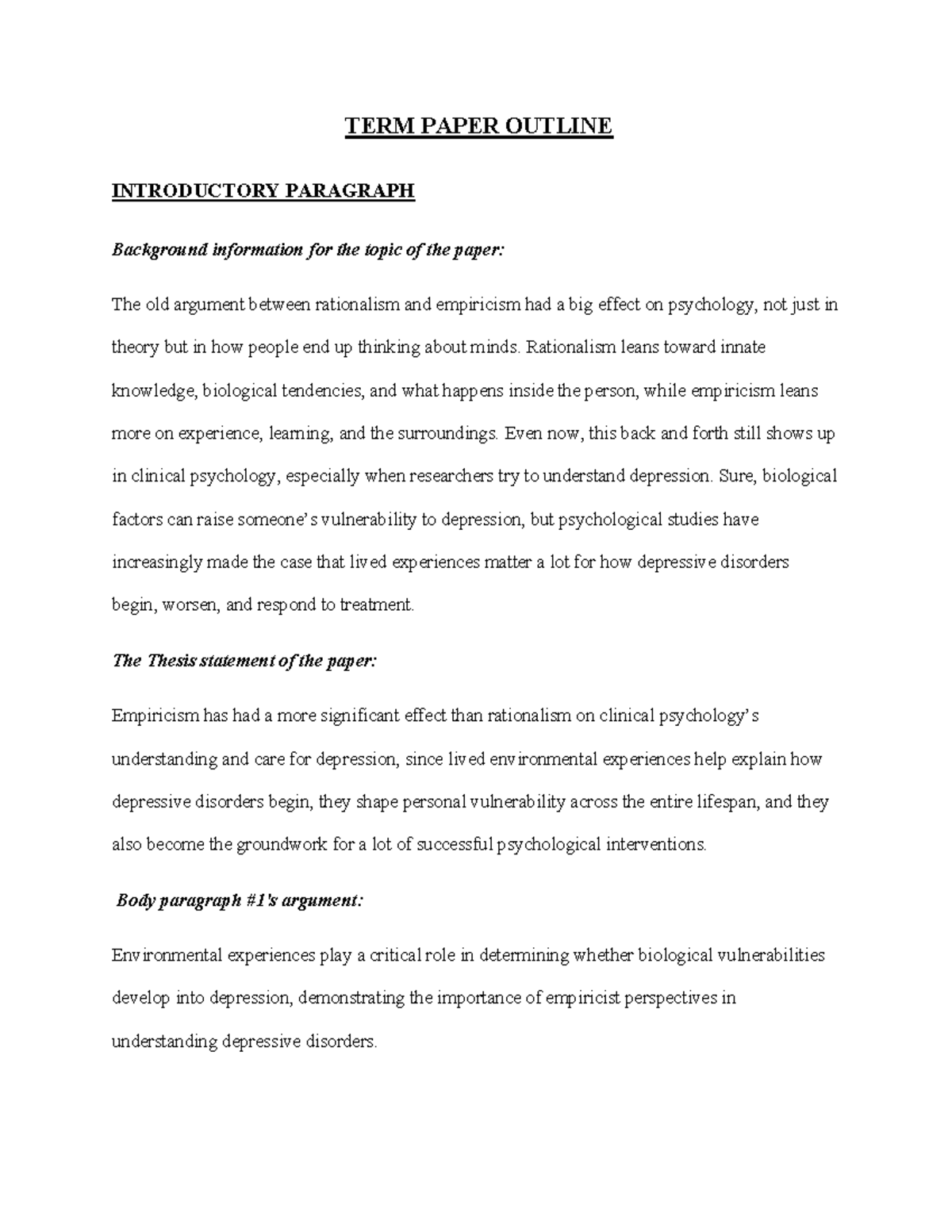TERM PAPER OUTLINE: Empiricism vs. Rationalism in Depression Care - Studocu