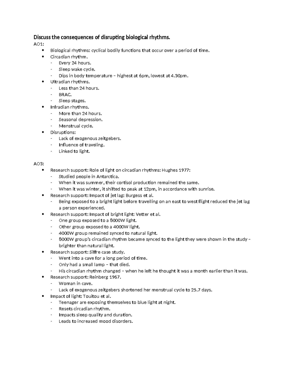 Biopsychology Essay Notes: Disruption of Biological Rhythms and Effects ...