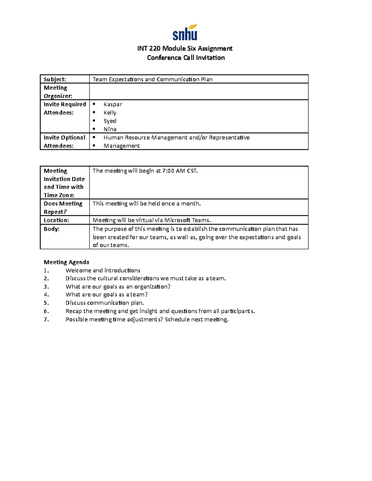 INT 220 Module 6 Conference Call Invitation & Agenda - Studocu