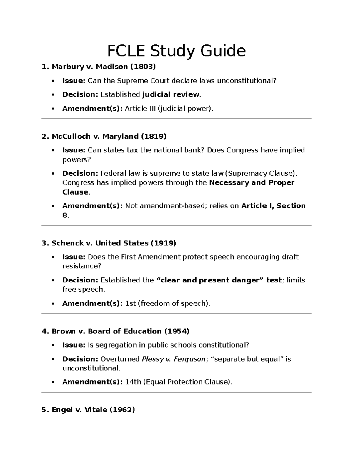 FCLE Study Guide: Landmark Supreme Court Cases & Amendments - Studocu