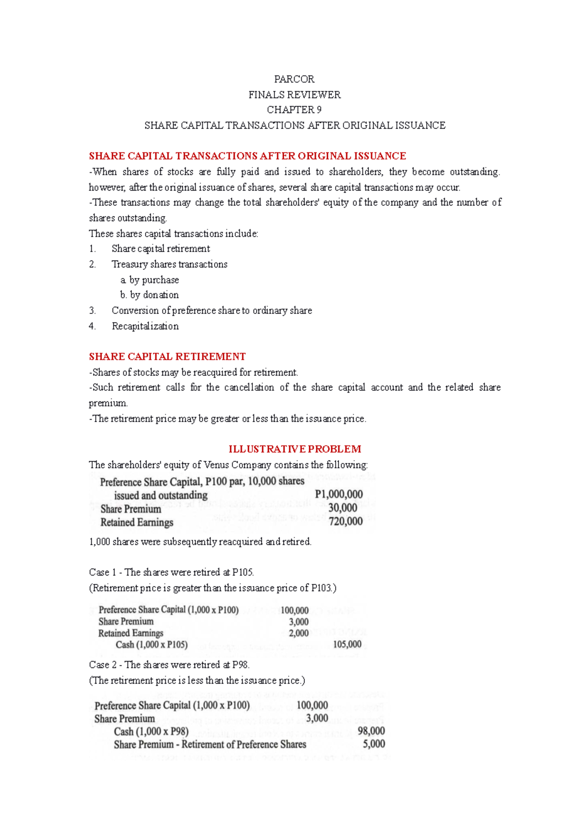 PARCOR FINALS REVIEWER: CHAPTER 9 - SHARE CAPITAL TRANSACTIONS - Studocu