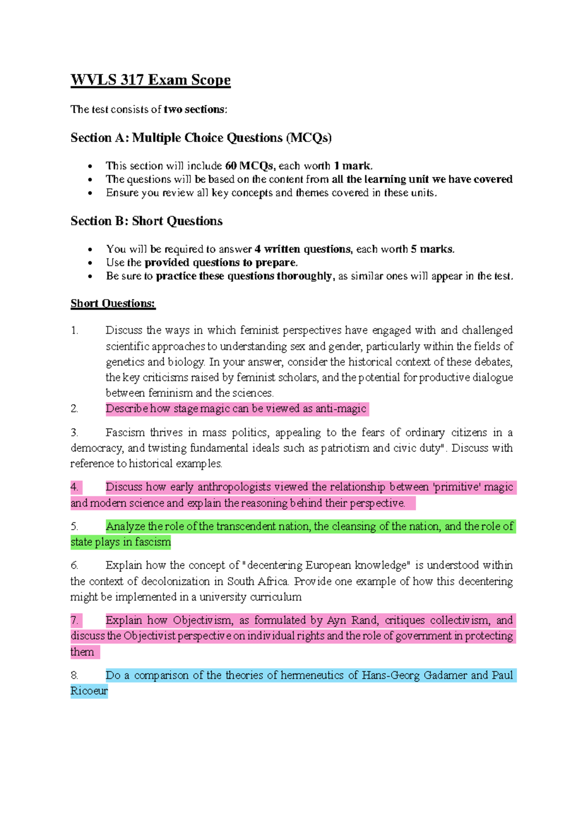 WVLS 317 Final Exam Scope: MCQs & Short Questions Overview - Studocu