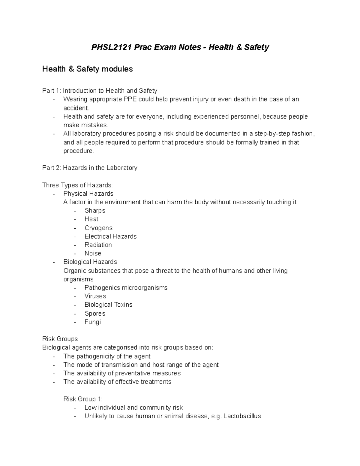 PHSL2121 Prac Exam Notes: Health & Safety Overview and Guidelines - Studocu