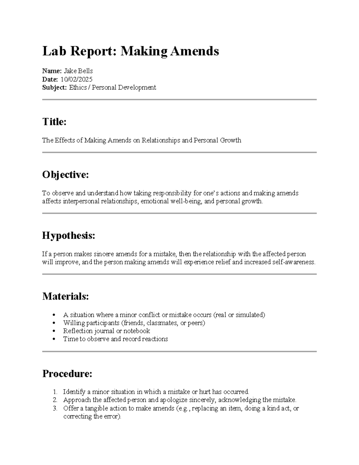 Lab Report: The Impact of Making Amends on Relationships and Growth ...