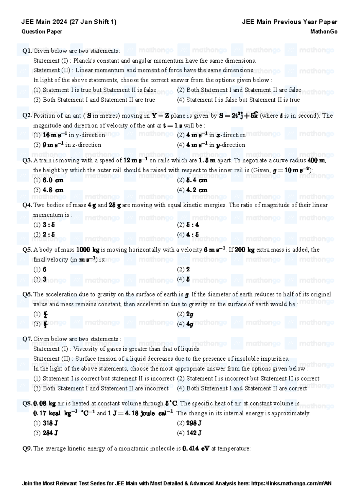 JEE Main 2024 (27 Jan Shift 1) Previous Year Paper with Answer Keys ...