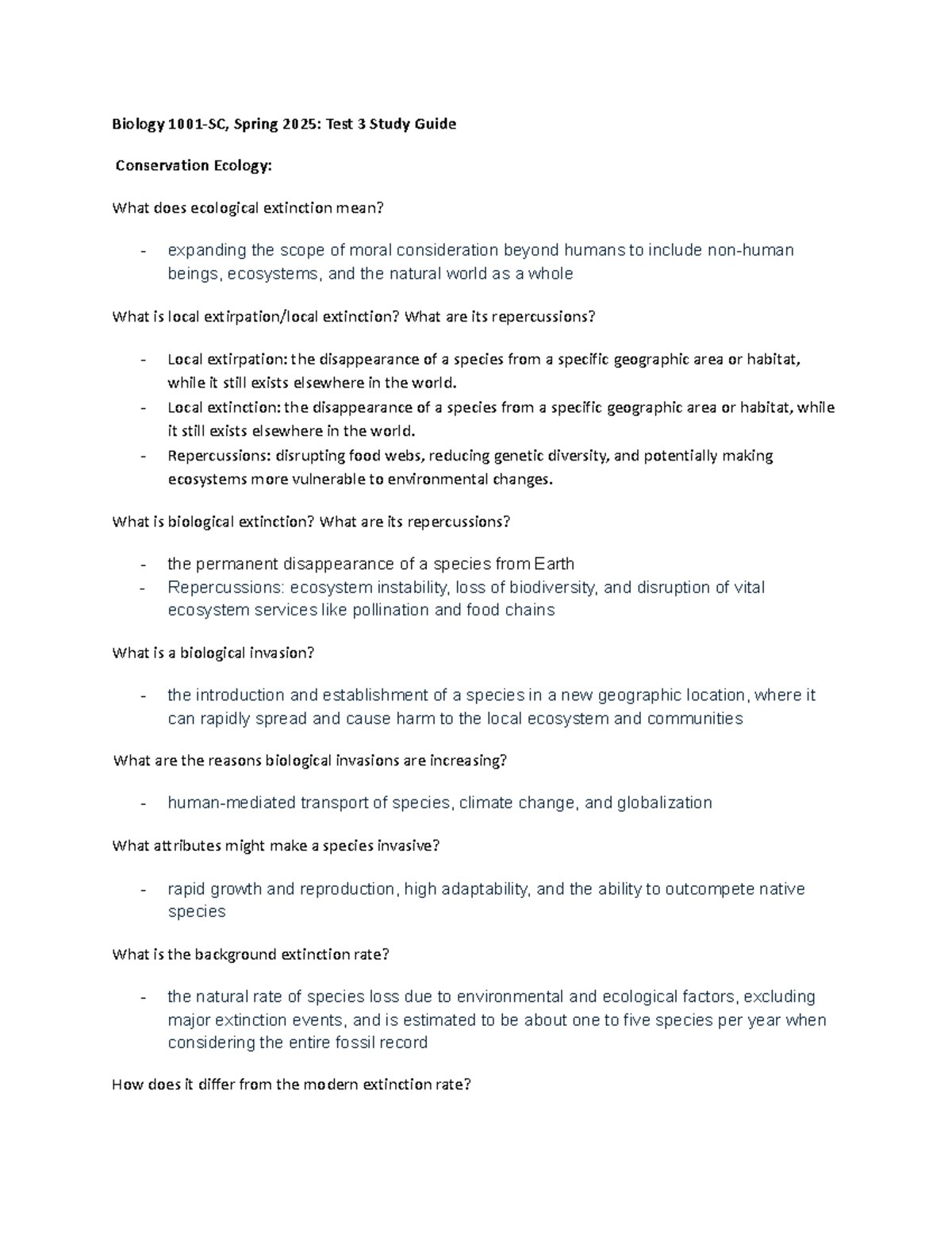 Test 3 Study Guide - BIOL 1001-SC, Spring 2025: Key Concepts in ...