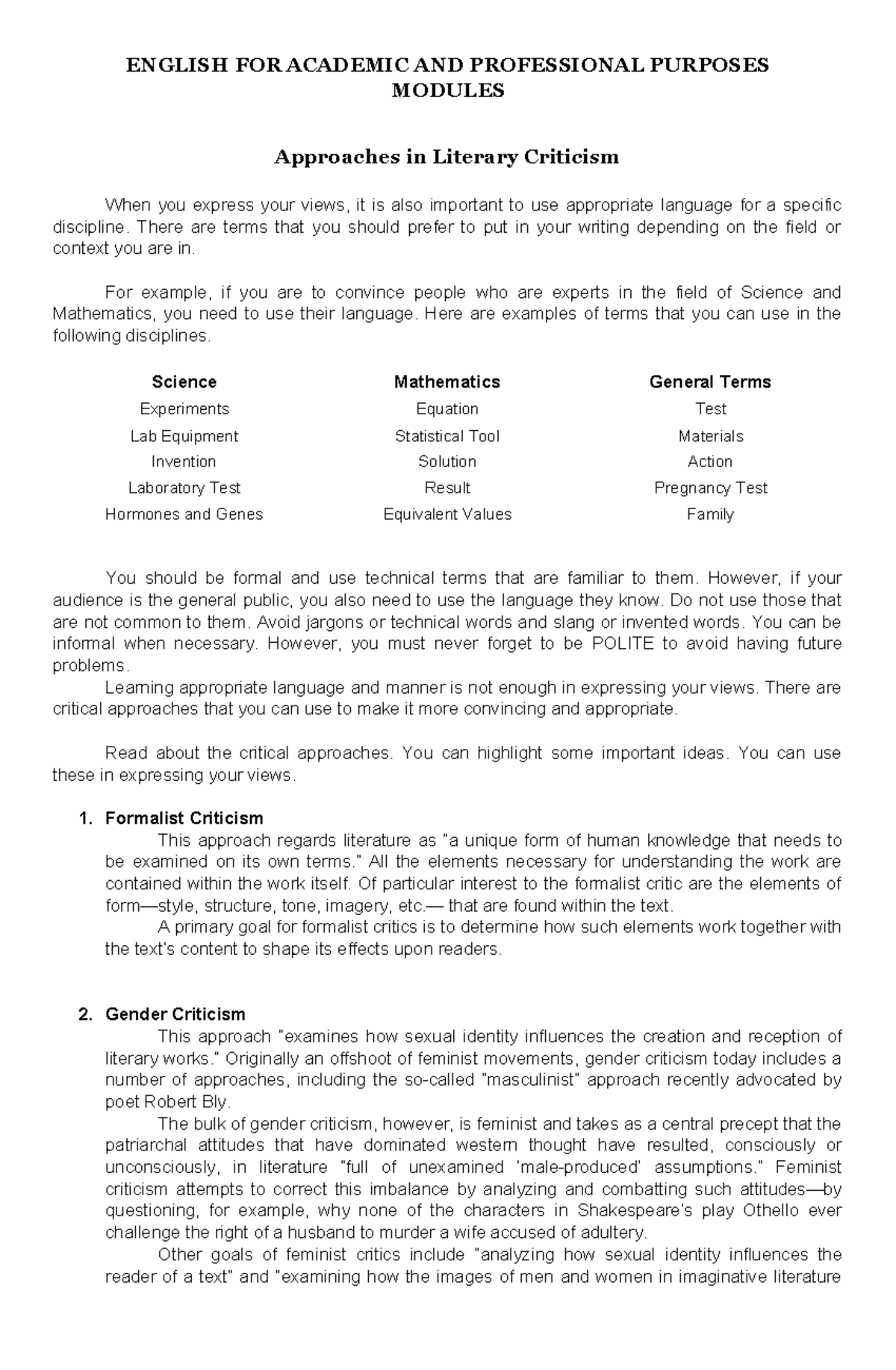 ENGLISH FOR ACADEMIC AND PROFESSIONAL PURPOSES: Approaches to Literary ...