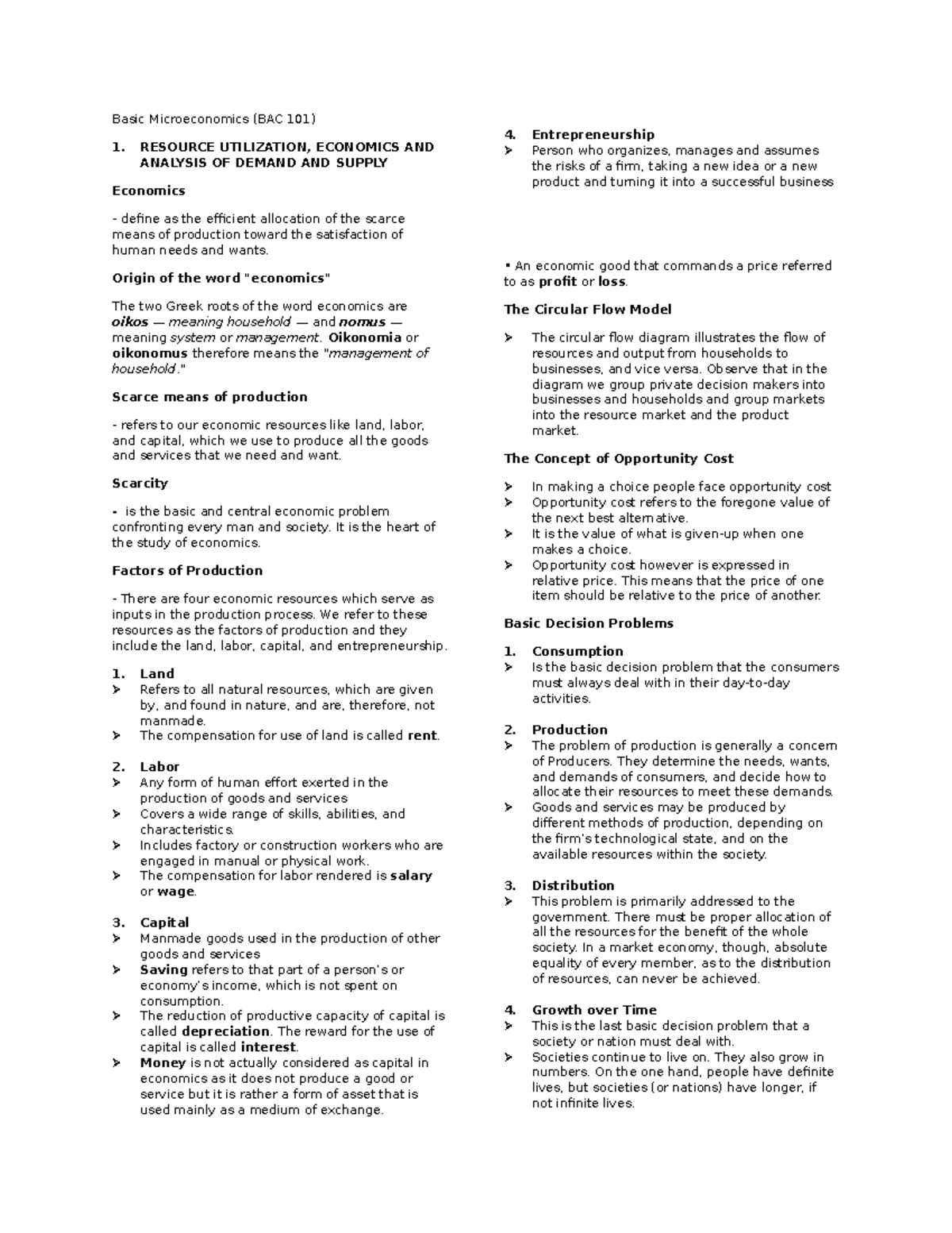 BAC 101 Midterm Exam Reviewer: Key Concepts in Microeconomics - Studocu