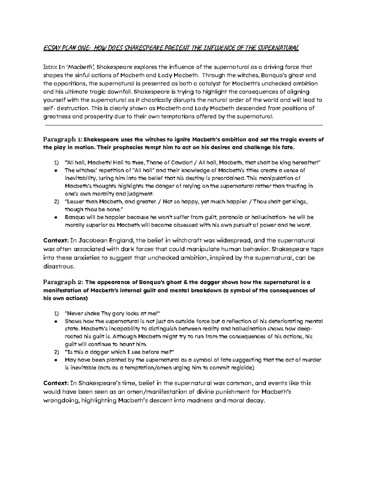 Macbeth Essay Plans: Analyzing Supernatural Influence and Fear - Studocu