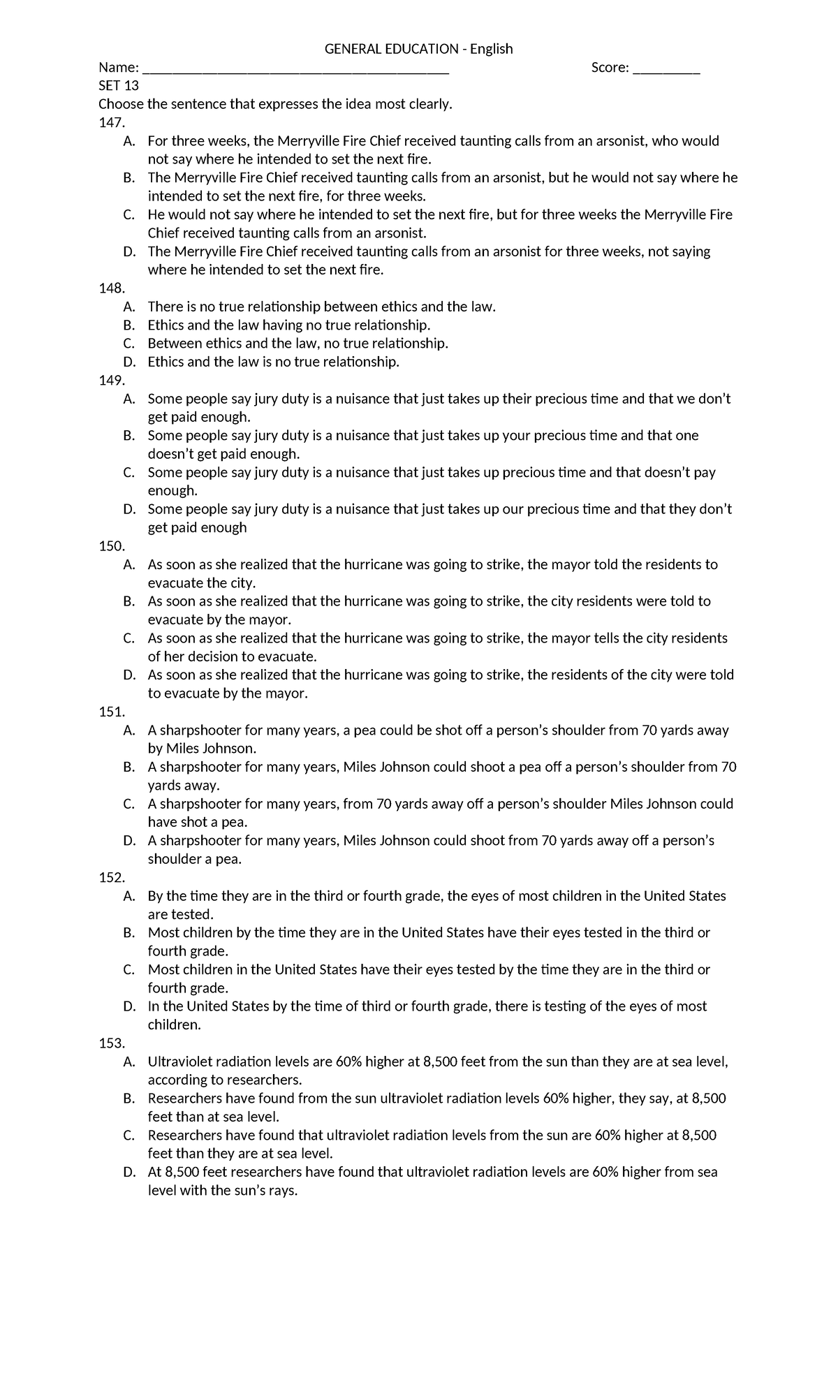 GENERAL EDUCATION English Lesson: Clarity and Grammar Practice SET 13 ...