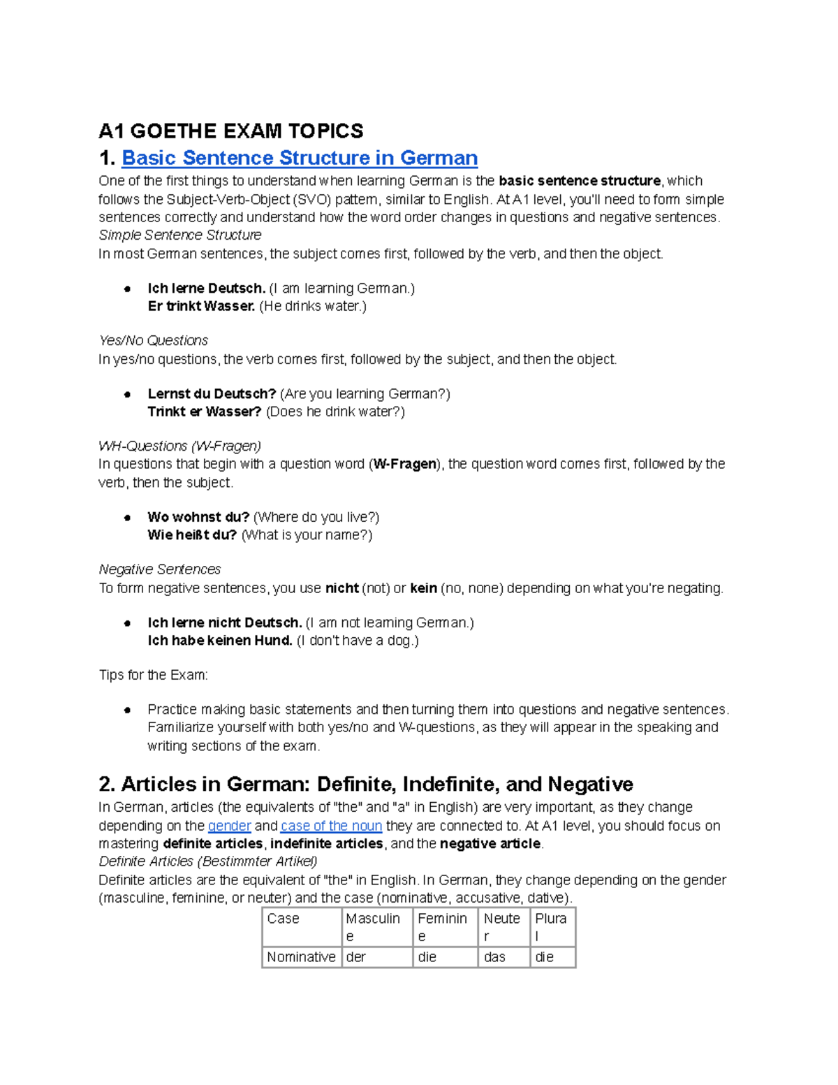 A1 A2 GOETHE EXAM TOPICS: Essential Grammar Guide - Studocu