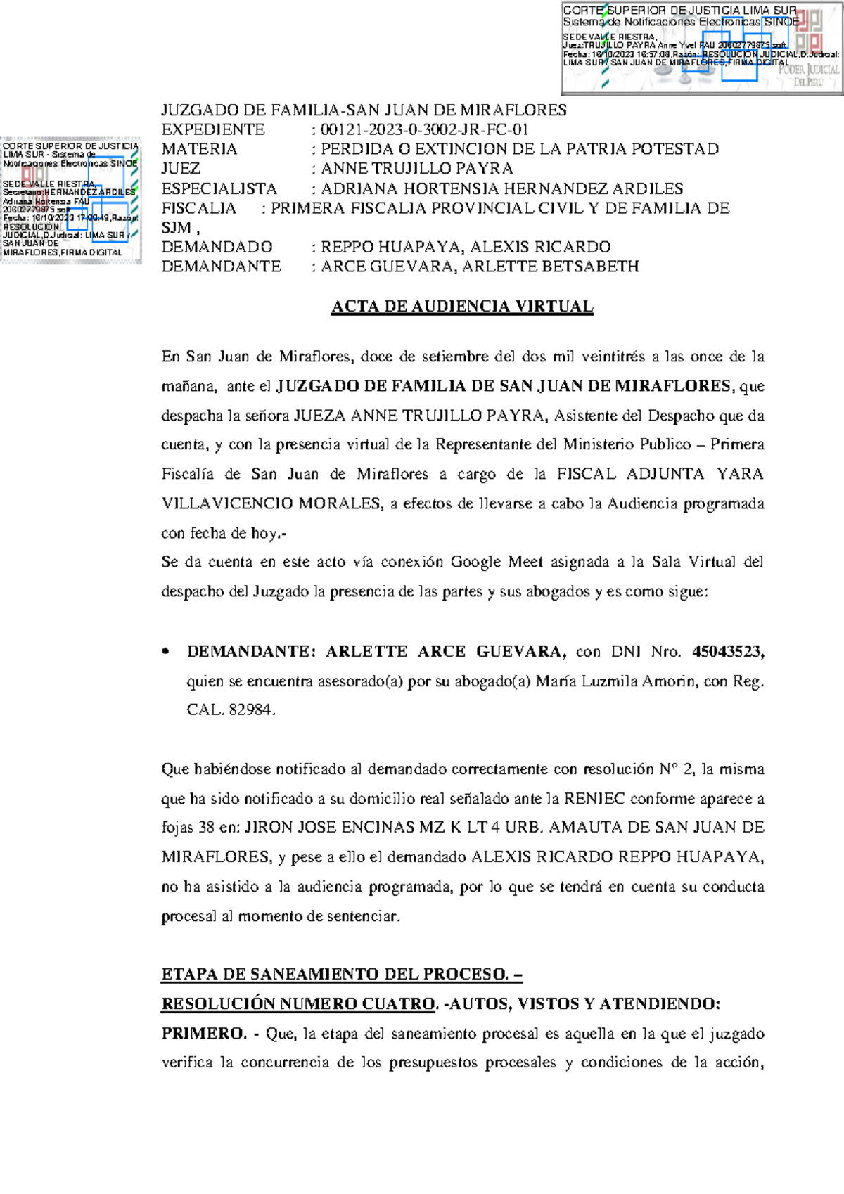 ACTA DE AUDIENCIA VIRTUAL - JUZGADO DE FAMILIA SJM FAU 20602779875 - Studocu