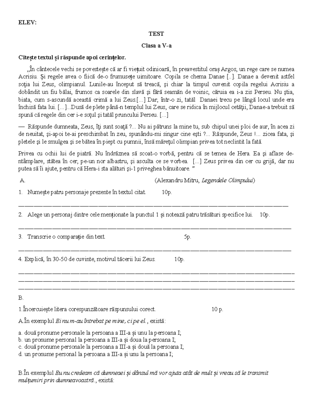 ELEV: TEST Clasa a 5-a - Legendele Olimpului și Personaje - Studocu