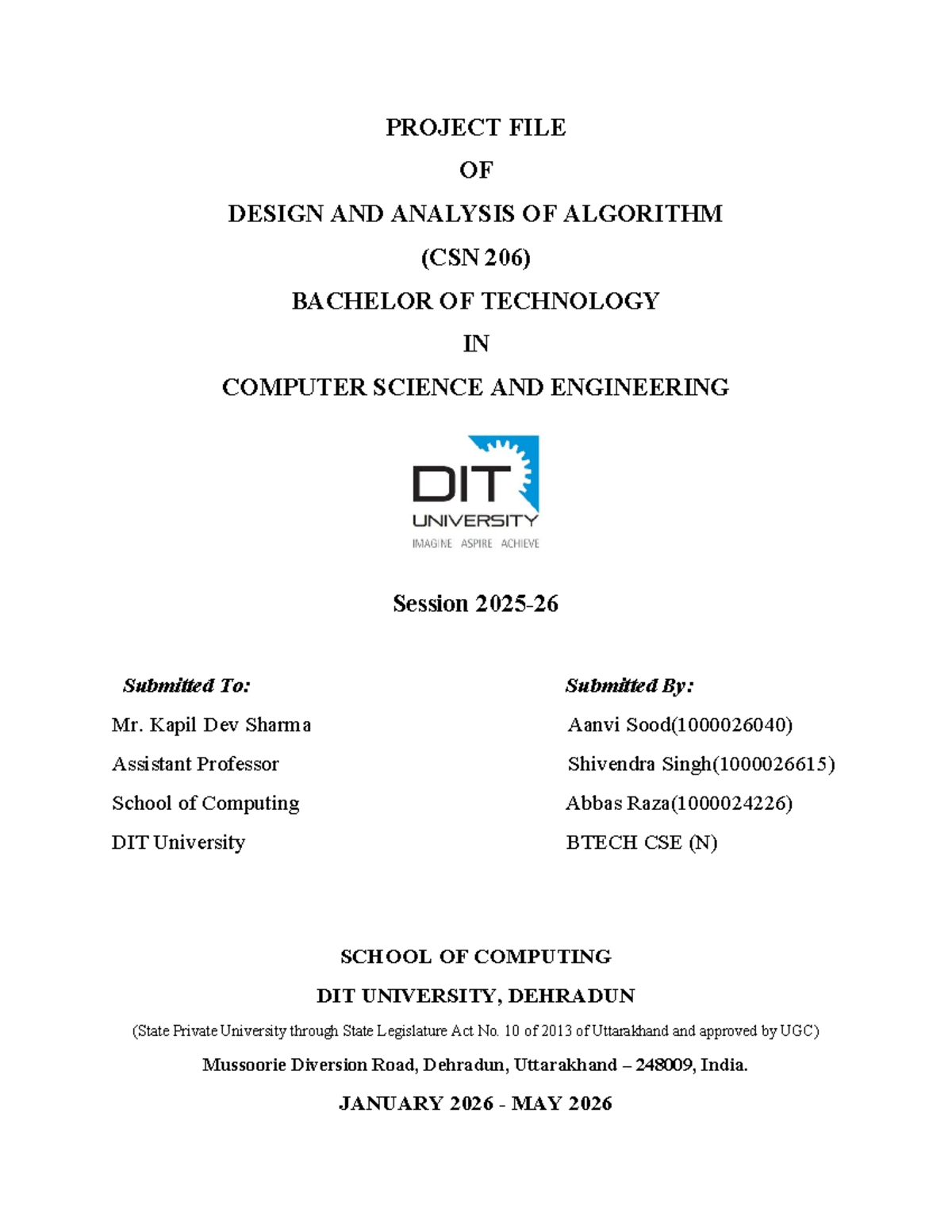 Design and Analysis of Algorithms Project: LCS Solution (CSN 206) - Studocu