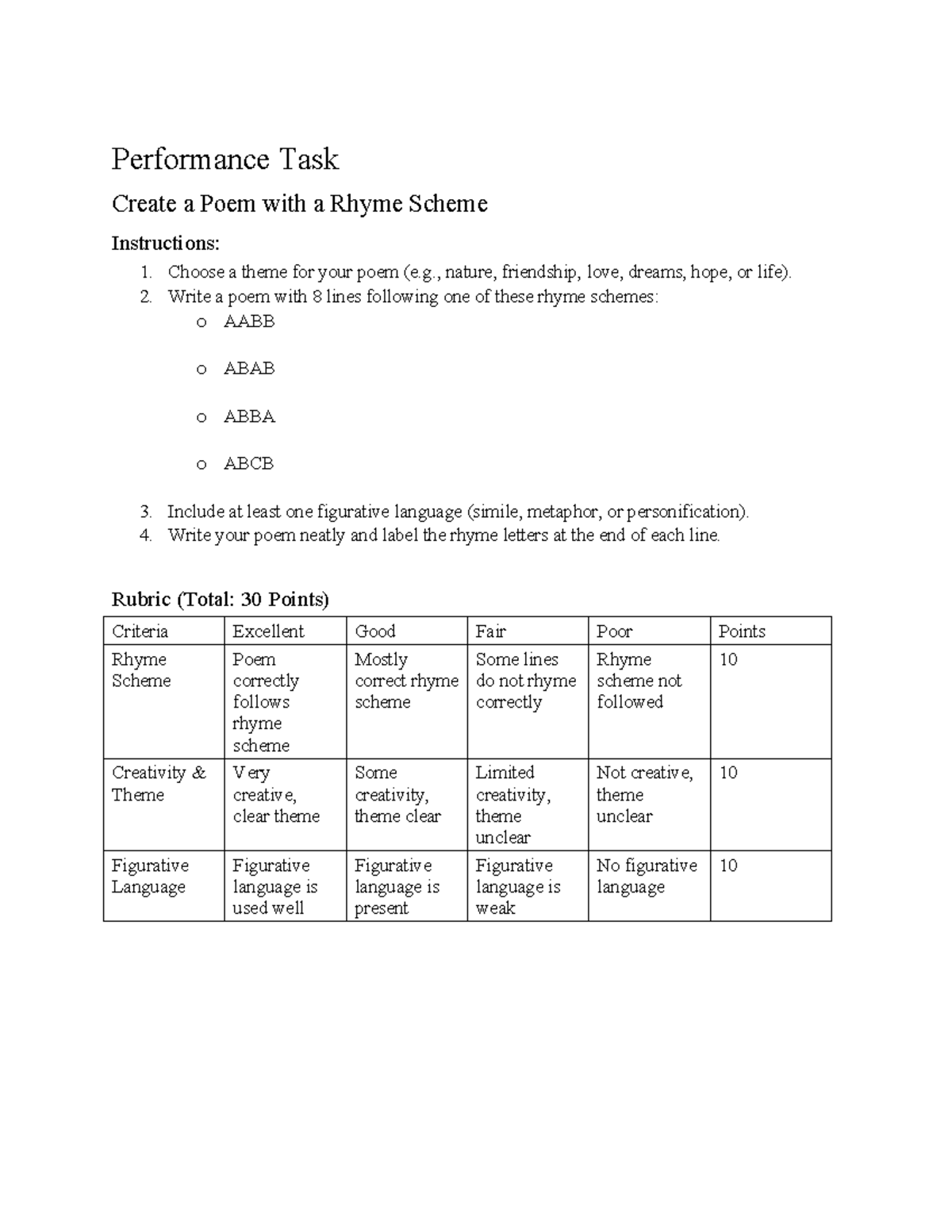 Poem Task - Create a Rhyme Scheme Poem Instructions - Studocu