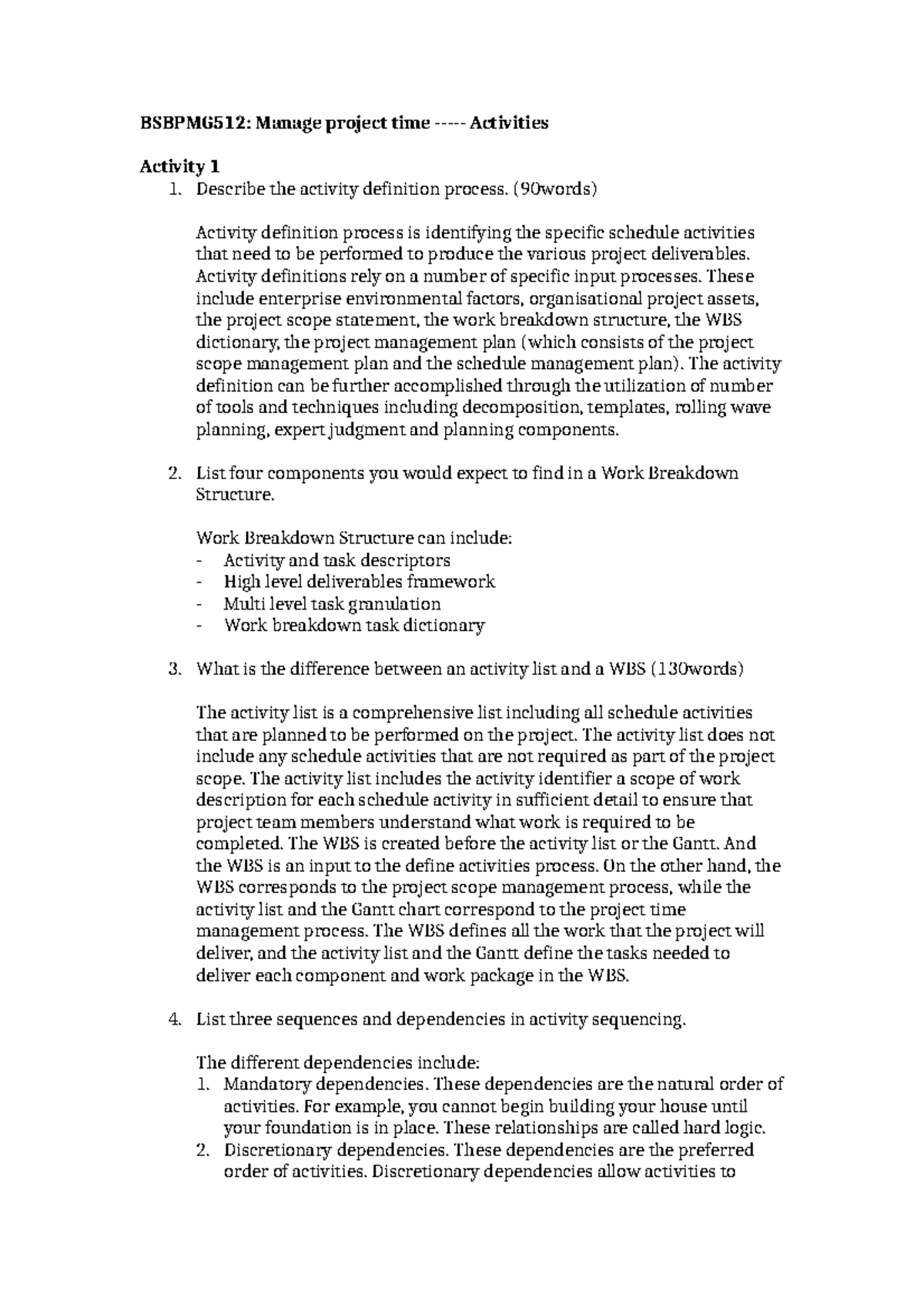 BSBPMG512 Final Exam Notes: Managing Project Time Activities - Studocu