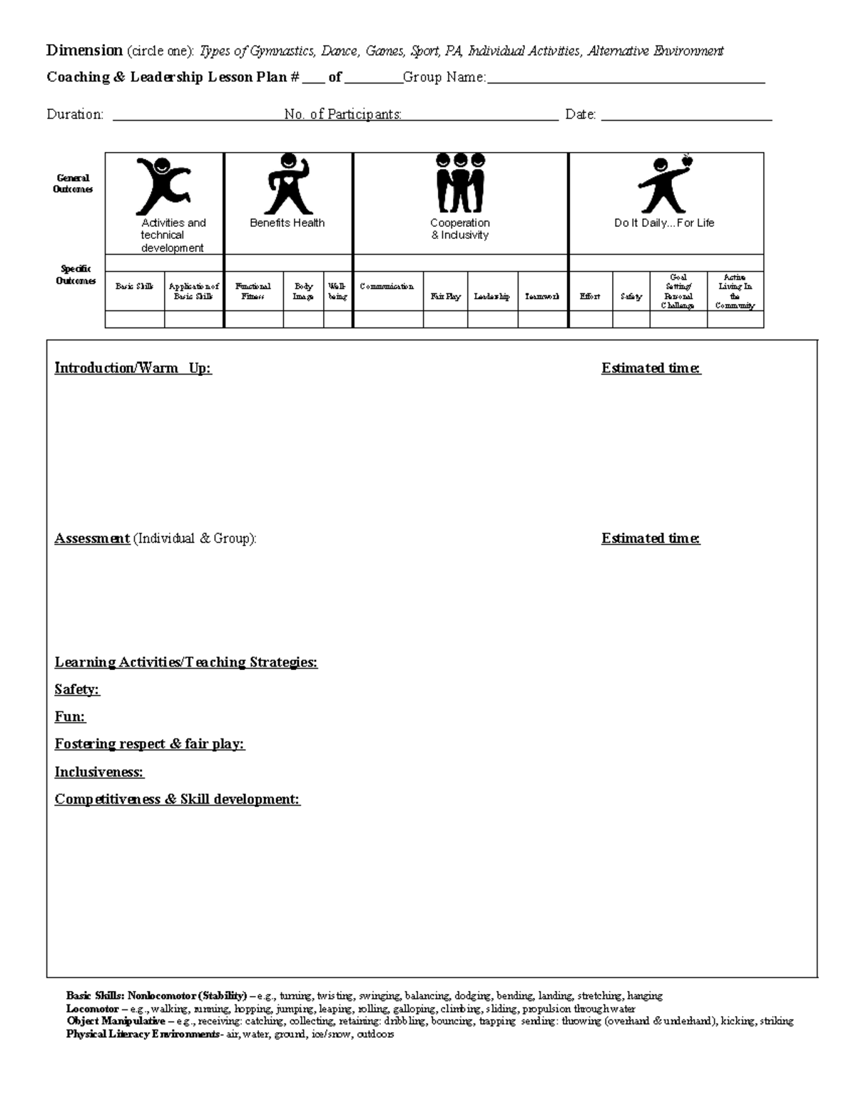 Lesson plan template for pe - Basic Skills: Nonlocomotor (Stability ...