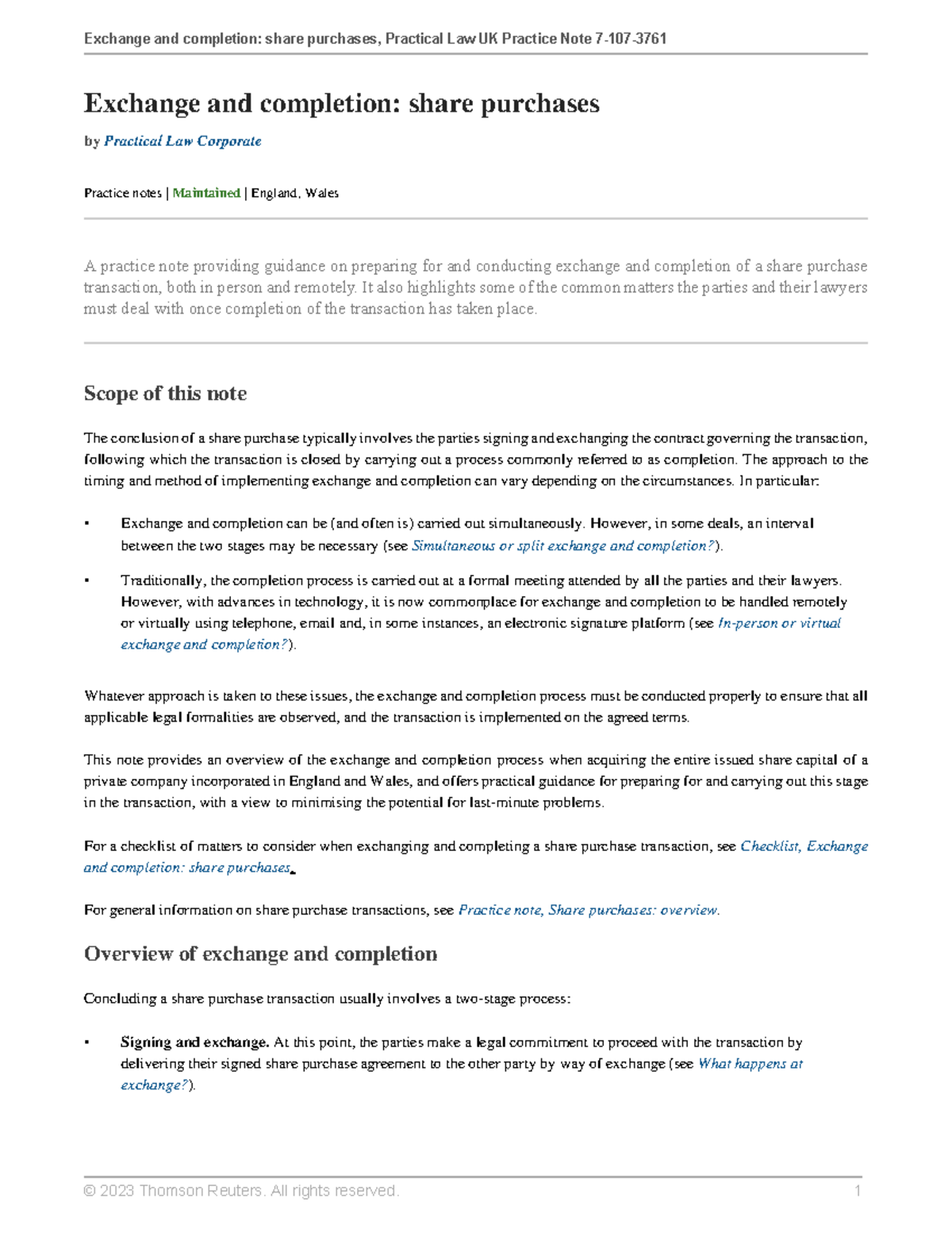Guidance on Exchange and Completion in Share Purchases: A Practice Note ...