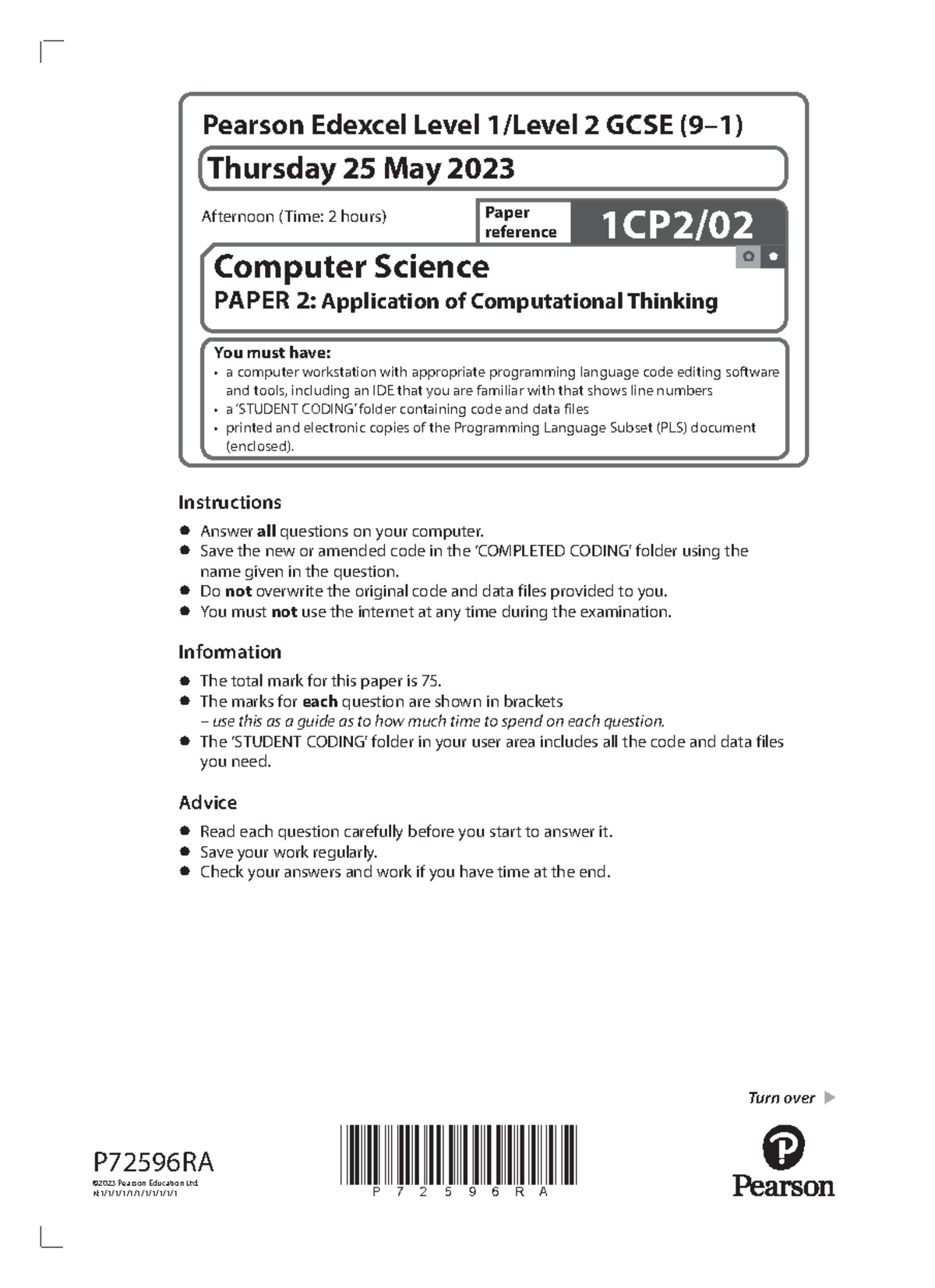 GCSE Computer Science P2: Application of Computational Thinking Exam ...