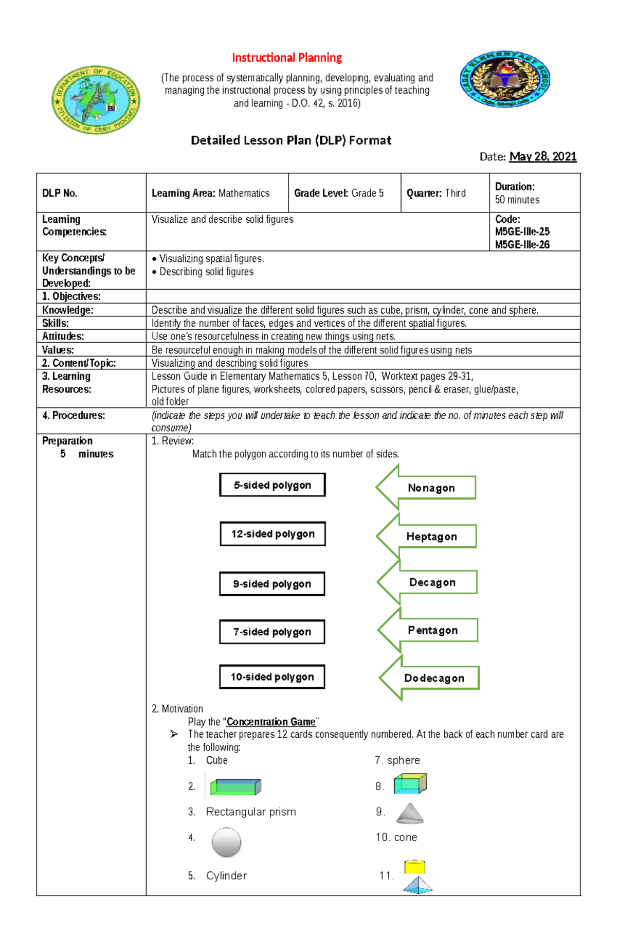 Mathematics DLP: Visualizing & Describing Solid Figures (Grade 5) - Studocu