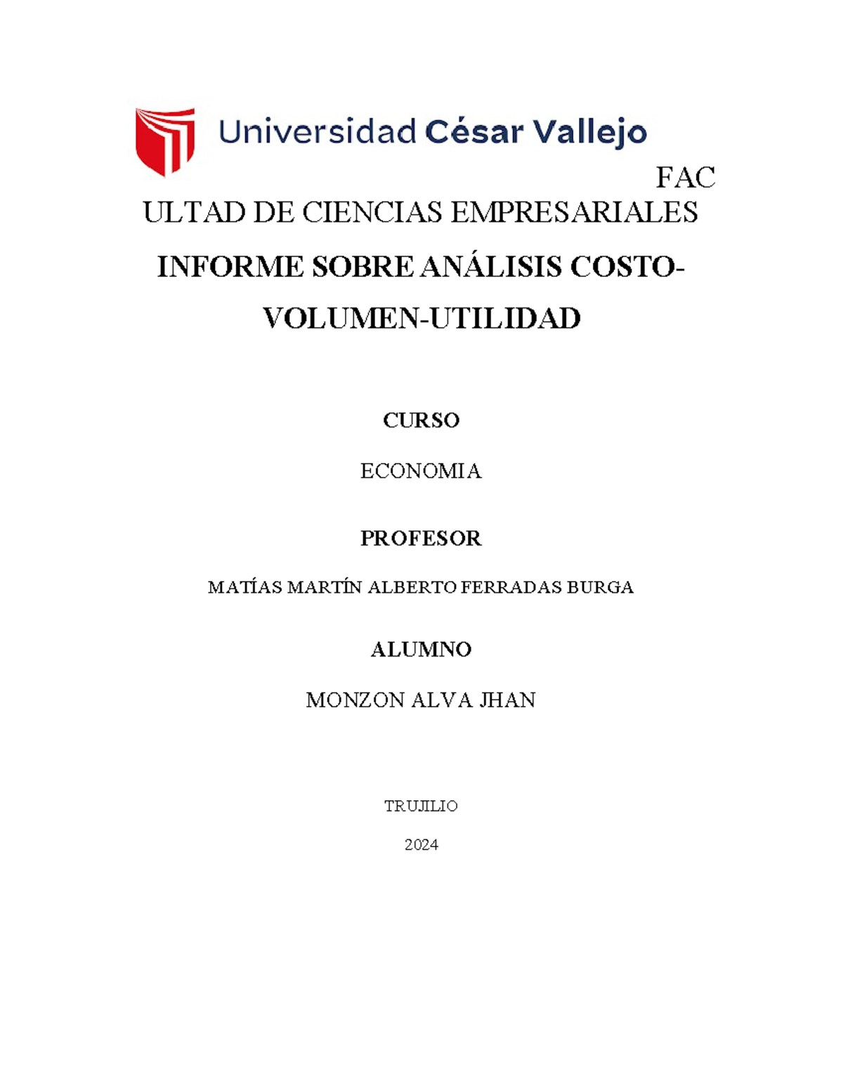 Informe sobre Análisis CVP - Curso Economía 2024 - Studocu
