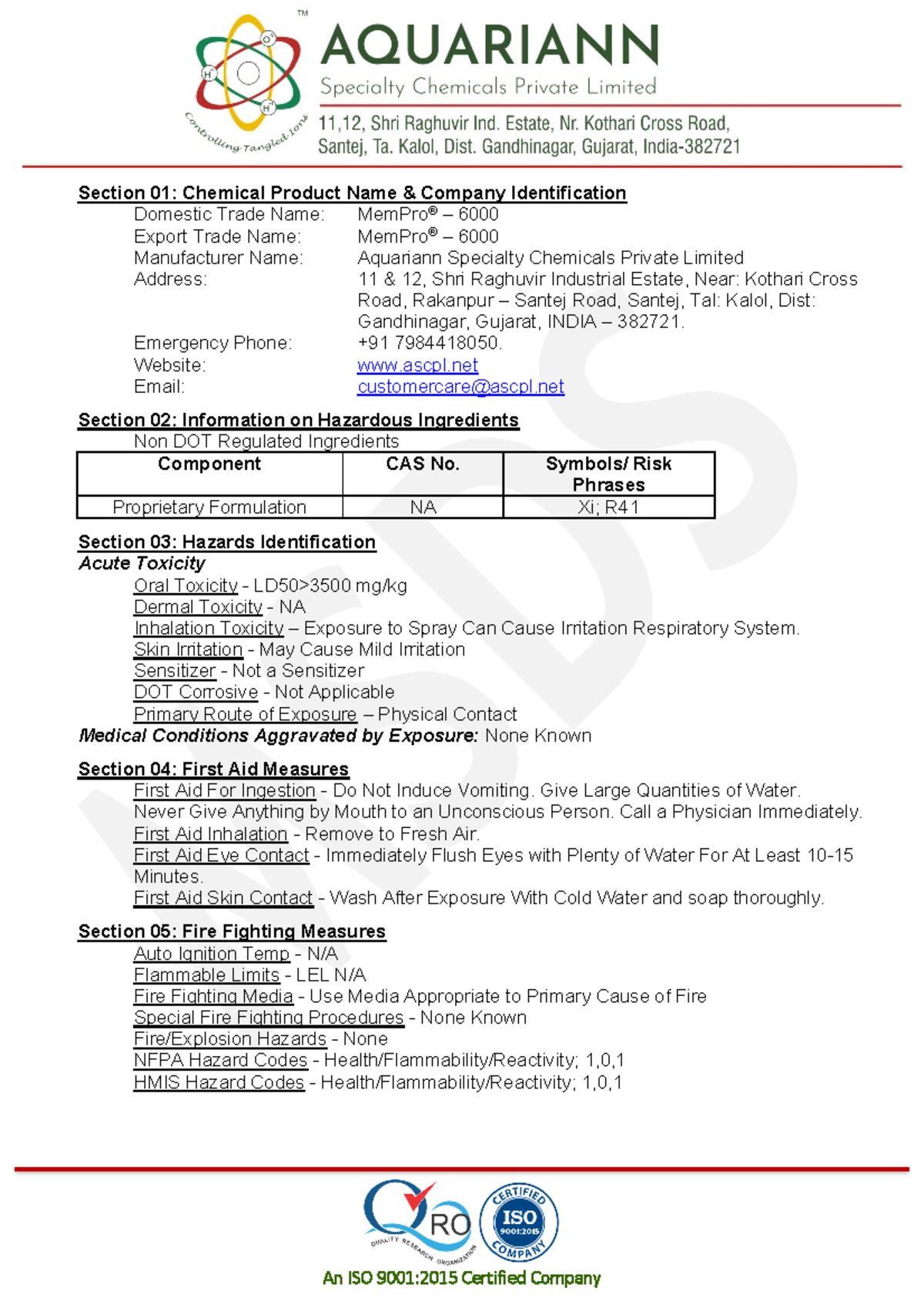 MSDS Mempro(r) 6000: Material Safety Data Sheet Overview - Studocu
