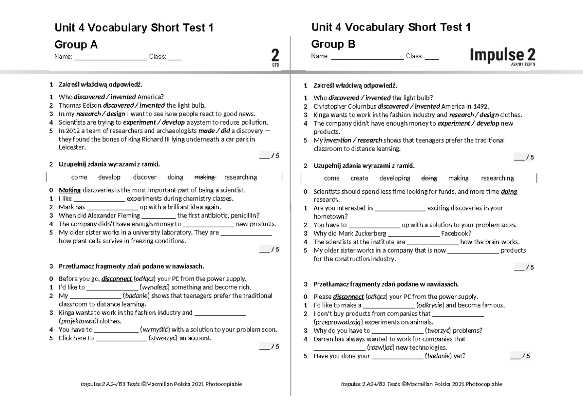Unit 4 Vocabulary Short Test 1: Groups A & B Review - Studocu