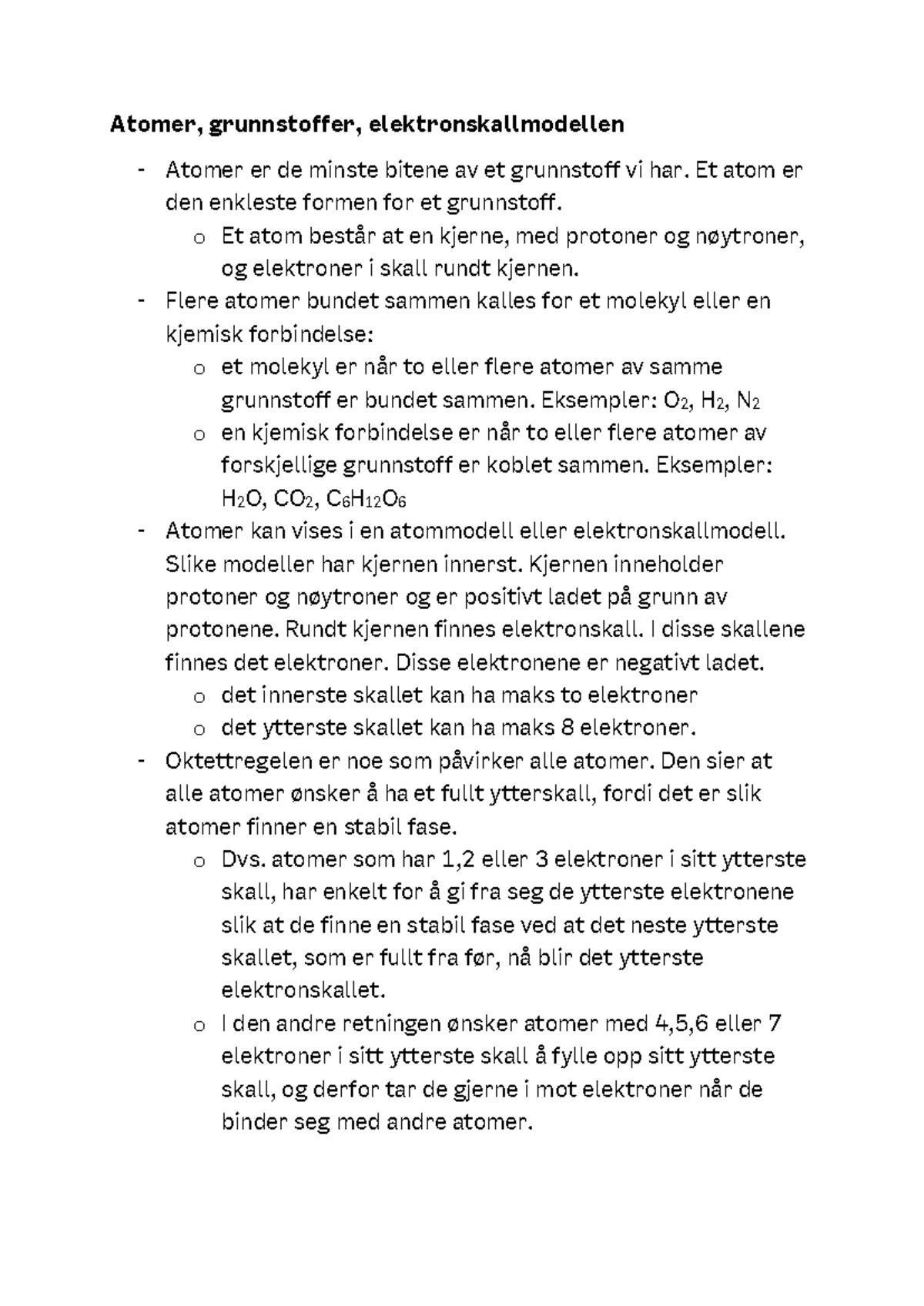 Notater - kjemi - Atomer, grunnstoffer, elektronskallmodellen Atomer er ...