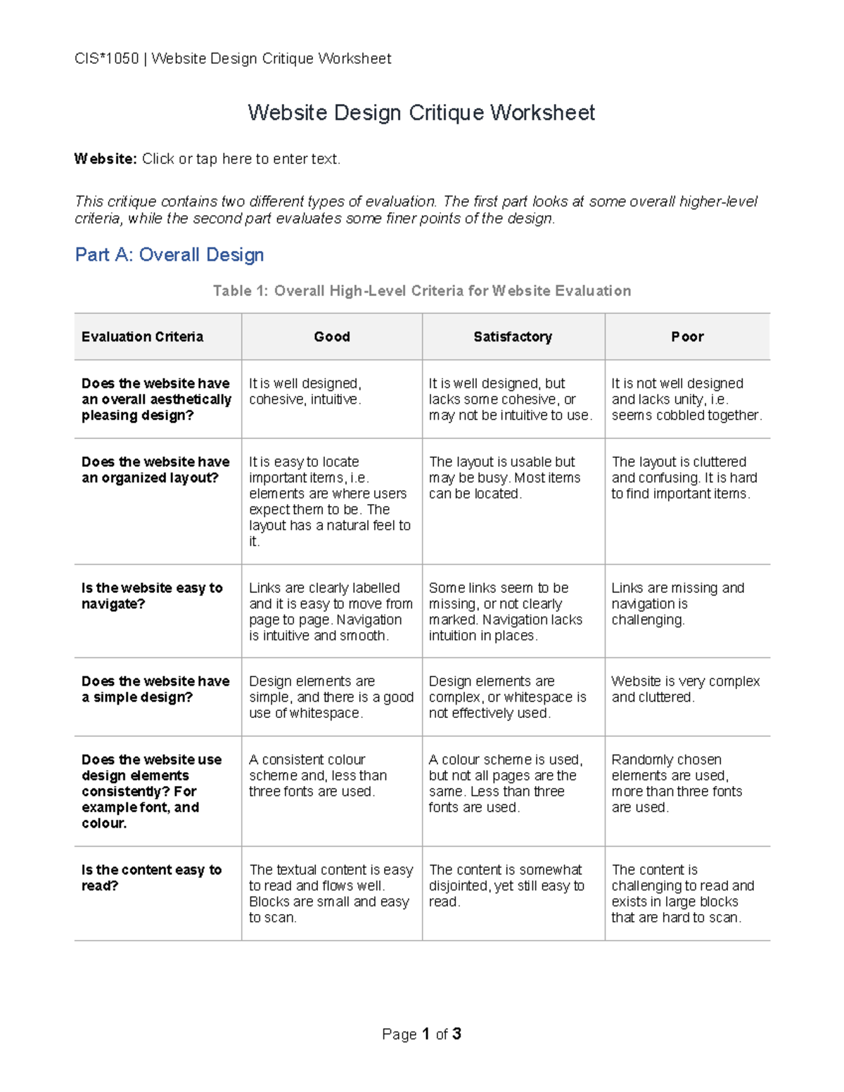 Website Design Critique Worksheet: Evaluation Criteria & Scoring Guide ...