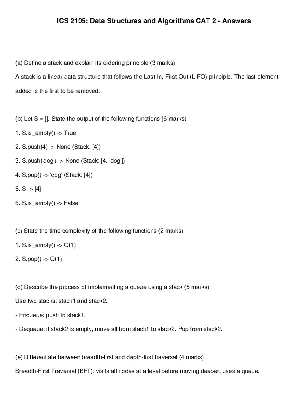 ICS 2105: Data Structures & Algorithms CAT 2 Answers and Explanations - Studocu