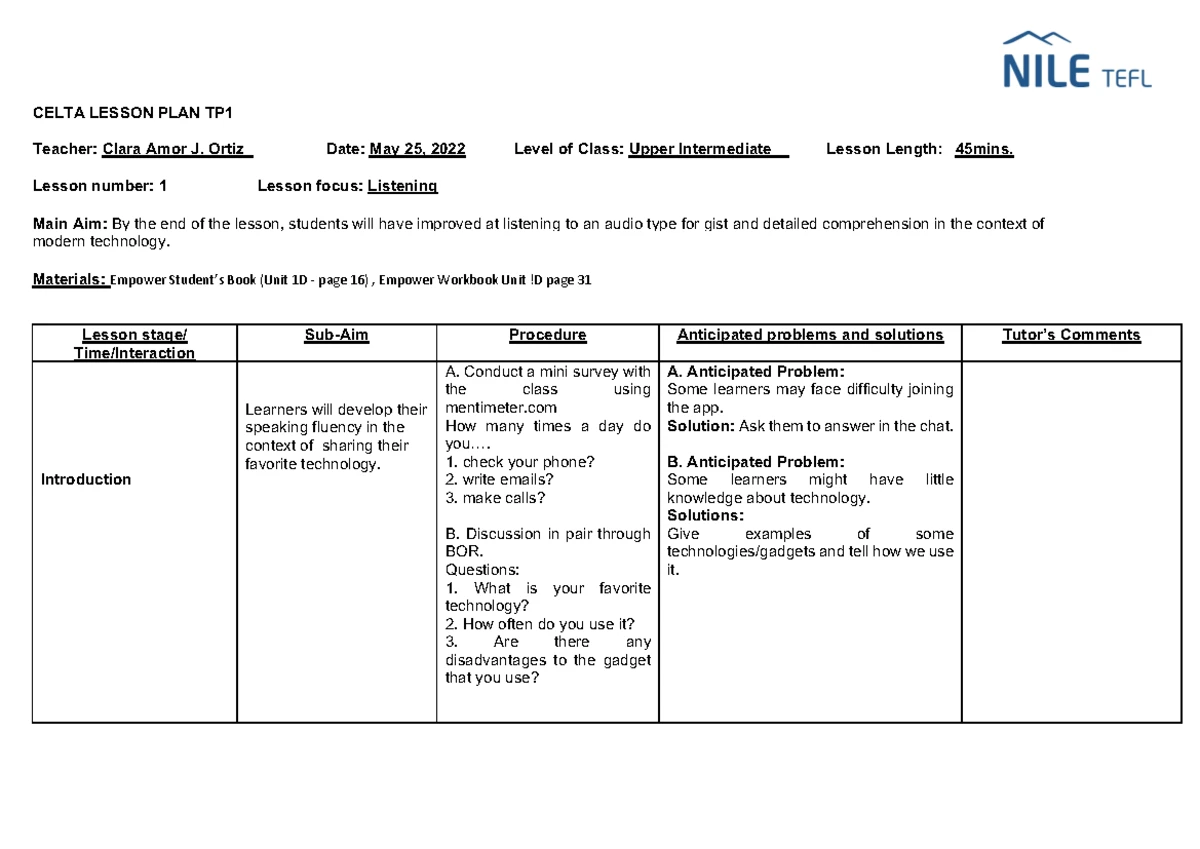Clara TP3 LP - CELTA Lesson Plan Sample ( Writing) - Celta Lesson Plan ...