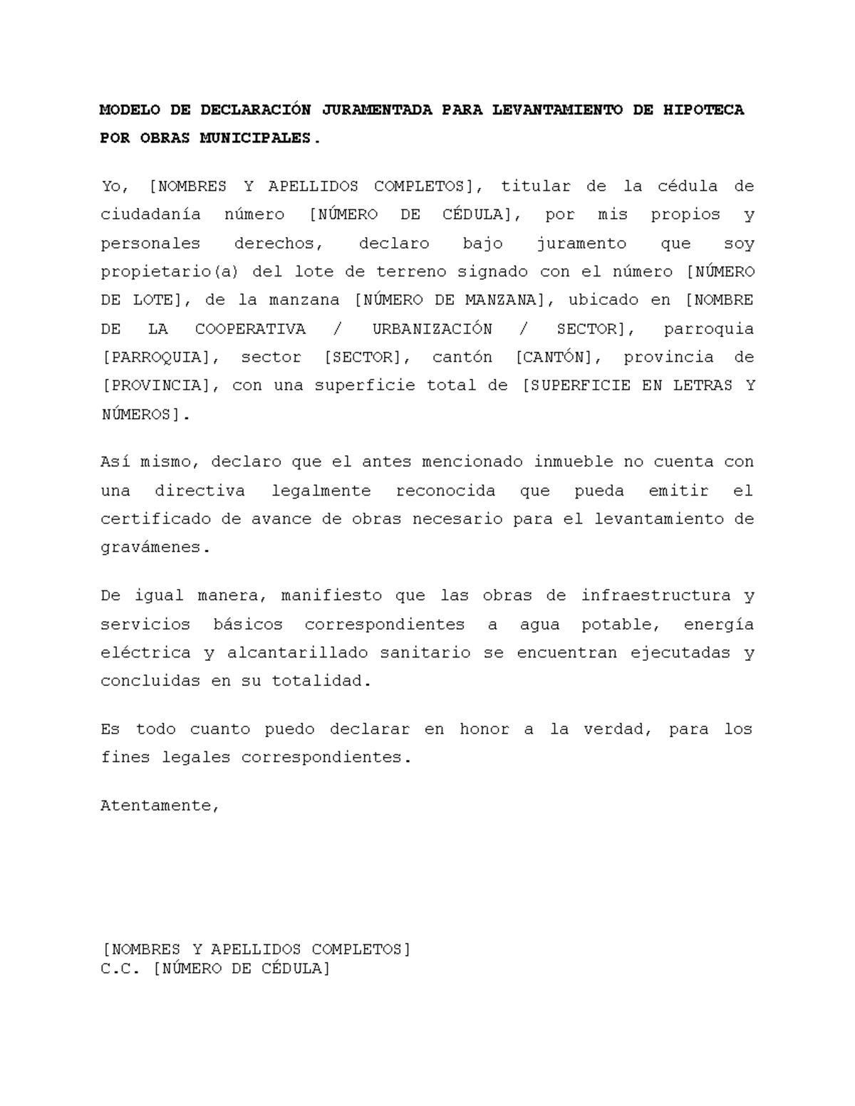Modelo de Declaración Juramentada para Levantamiento de Hipoteca - Studocu