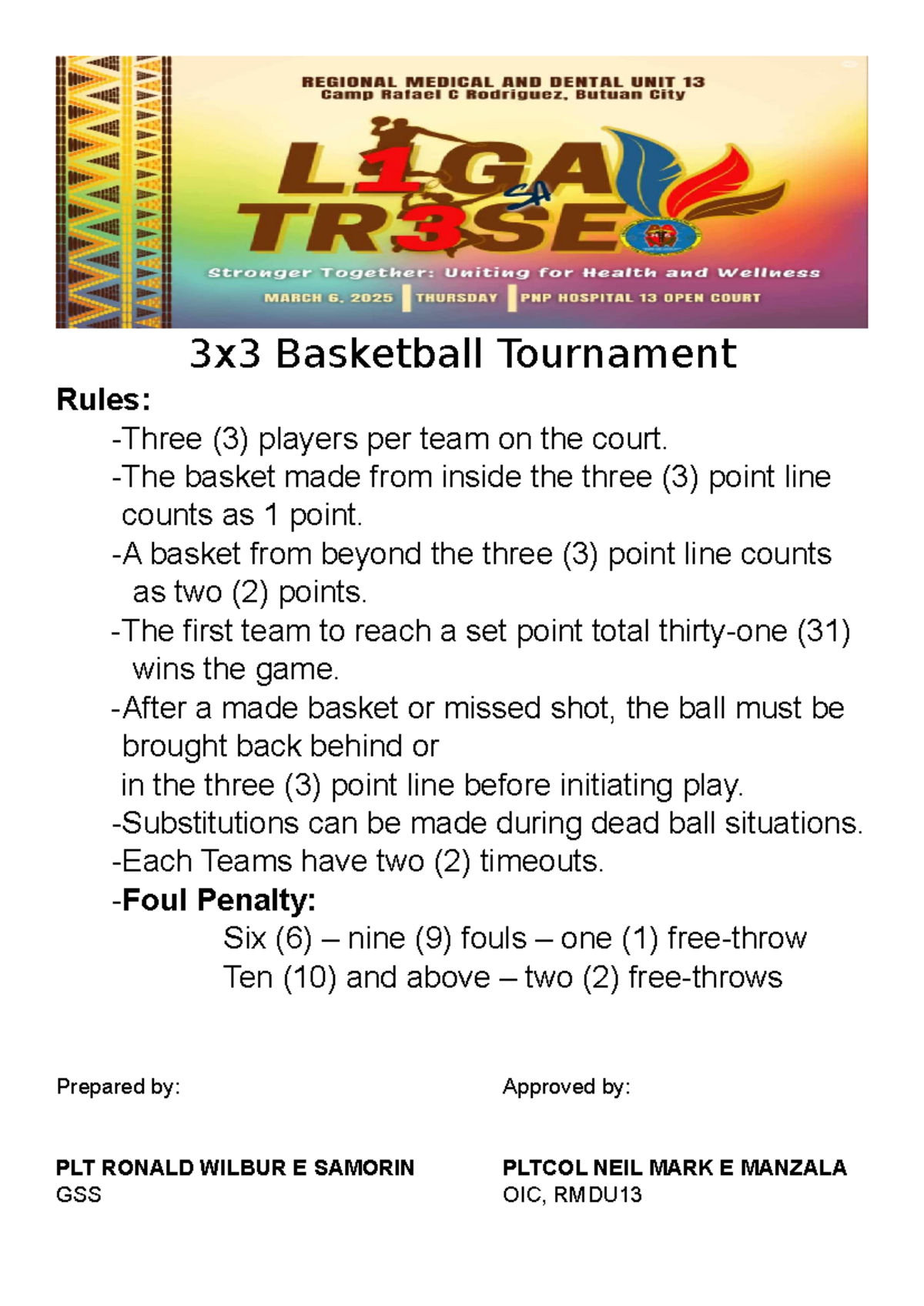 1st RMDU13 3X3 Basketball Tournament - Official Rules Document - Studocu