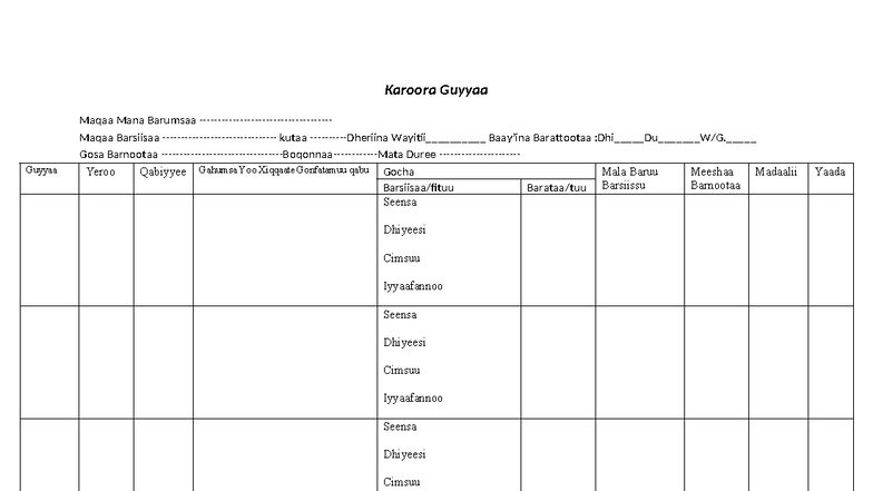 Karoora Guyyaa 1: Lesson Plan for English - Grade 12A - Studocu