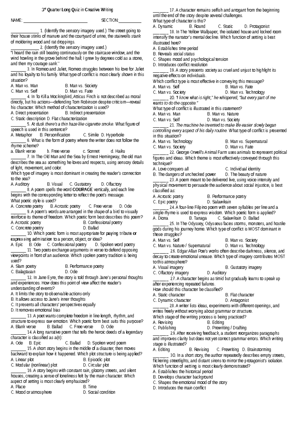 3rd Quarter Long Quiz (CW101): Sensory Imagery & Literary Analysis ...