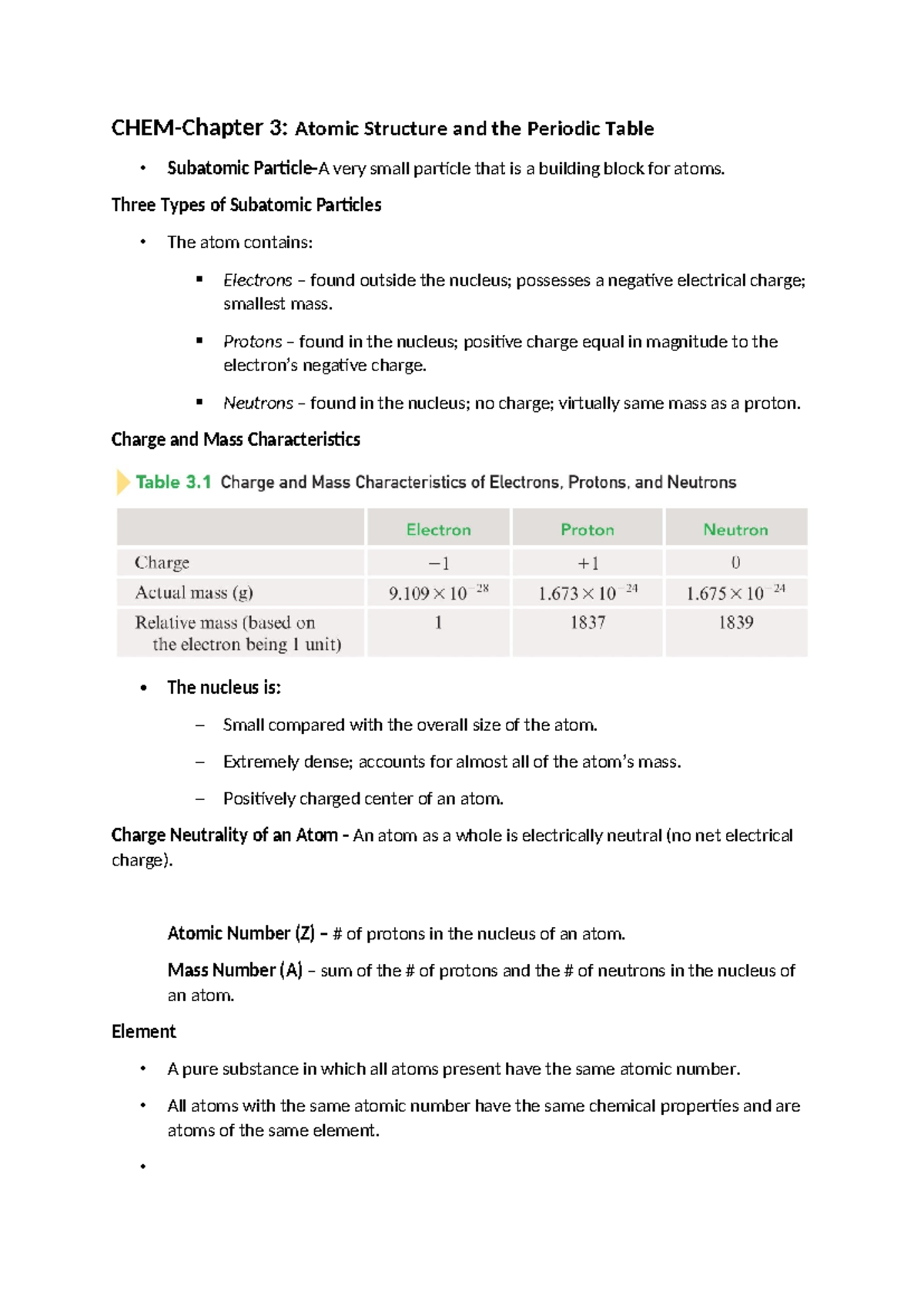CHEM 3: Atomic Structure & Periodic Table Study Notes - Studocu
