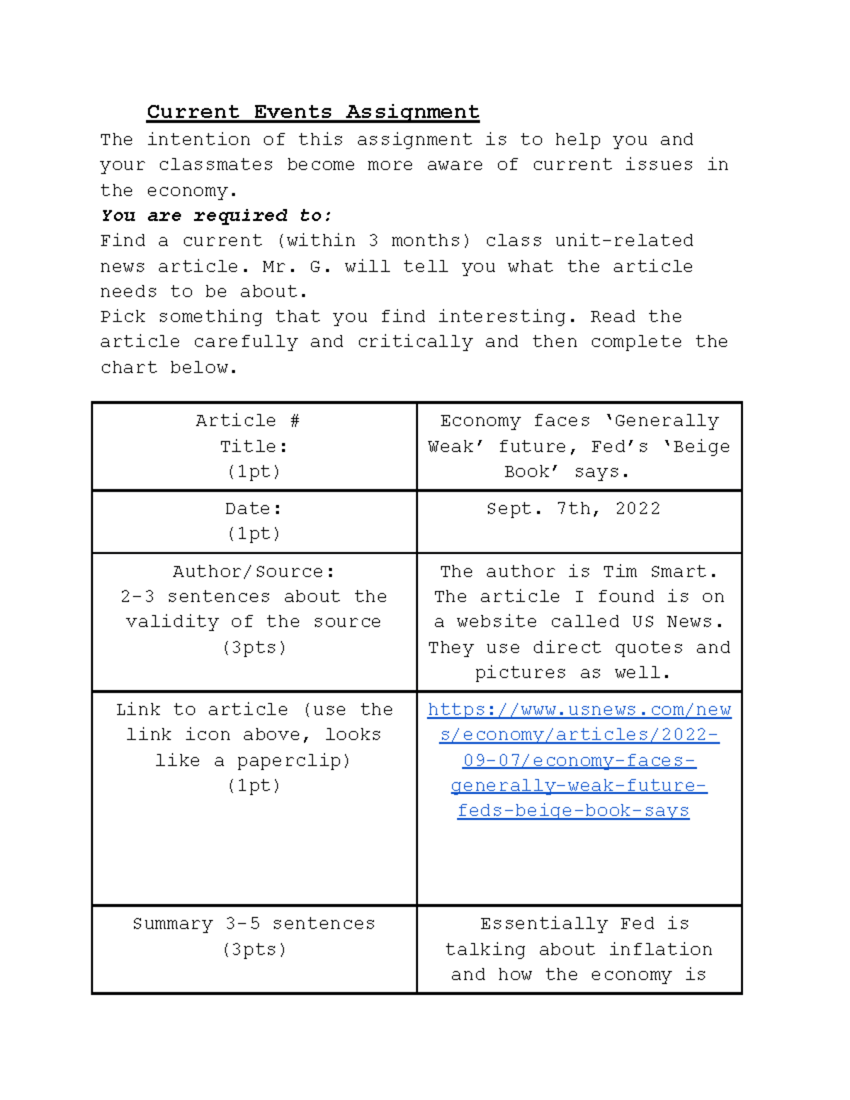 Copy of Current Events Assignment - Current Events Assignment The ...