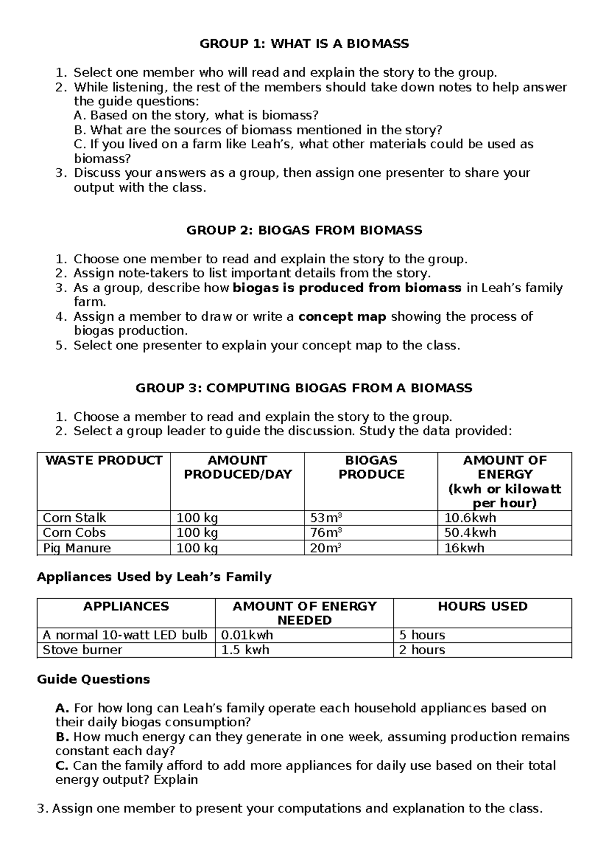 Group Activity: Understanding Biomass and Biogas Production - Studocu