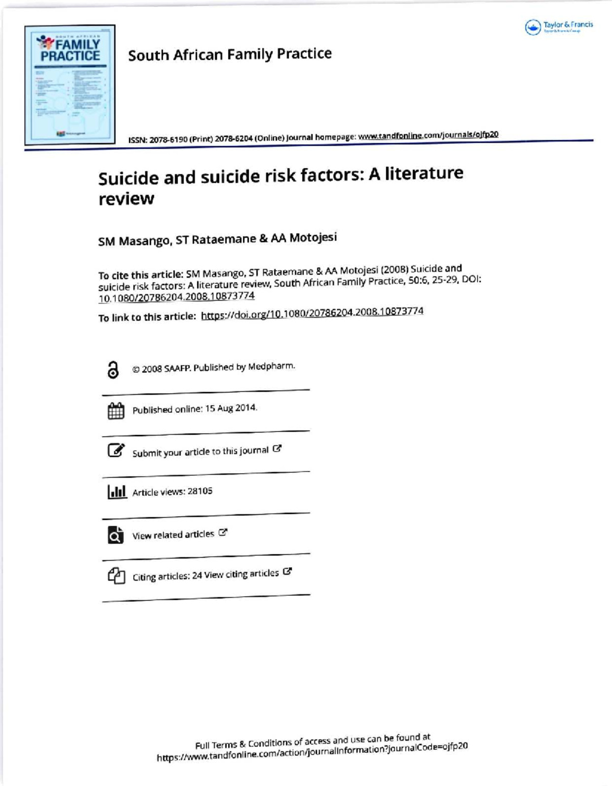 FAMILY PRACTICE 50:6 - Literature Review on Suicide and Risk Factors ...