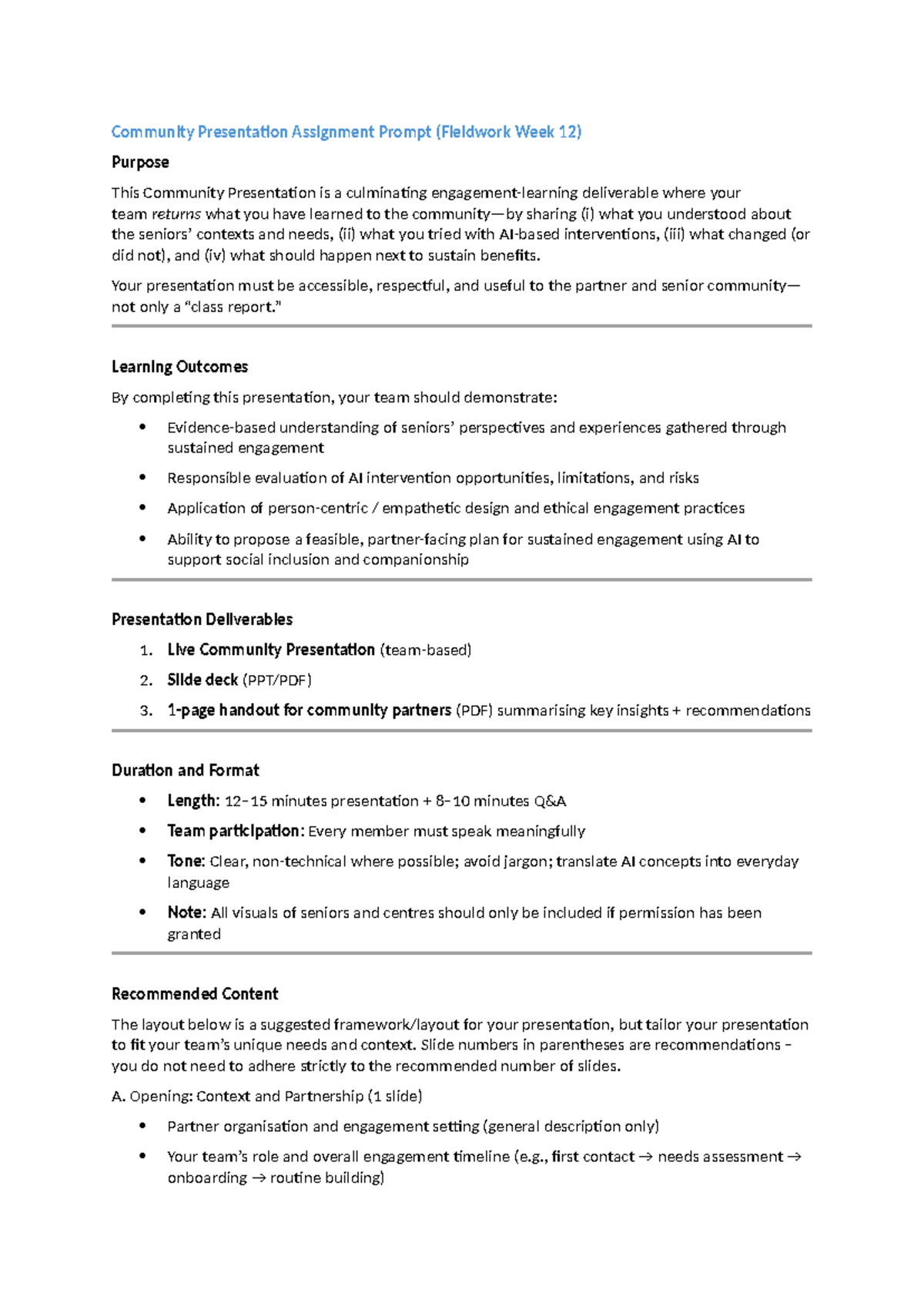 UTC2812 Community Presentation Assignment Guidelines (Fieldwork Week 12 ...